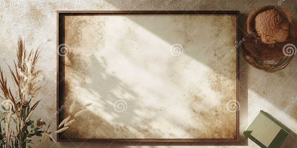 Sunlit Rustic Frame on Textured Wall with Natural Elements and Shadows ...