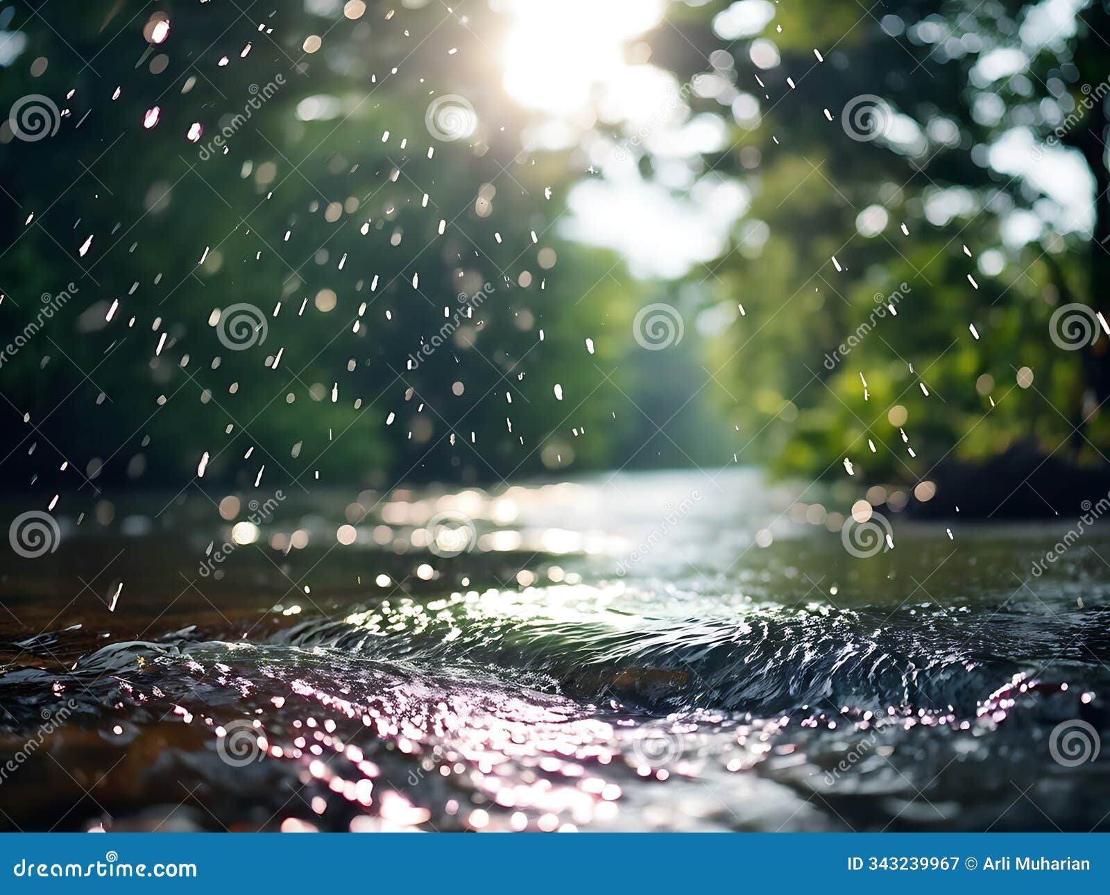 Sunlit Stream with Falling Raindrops Stock Illustration - Illustration ...