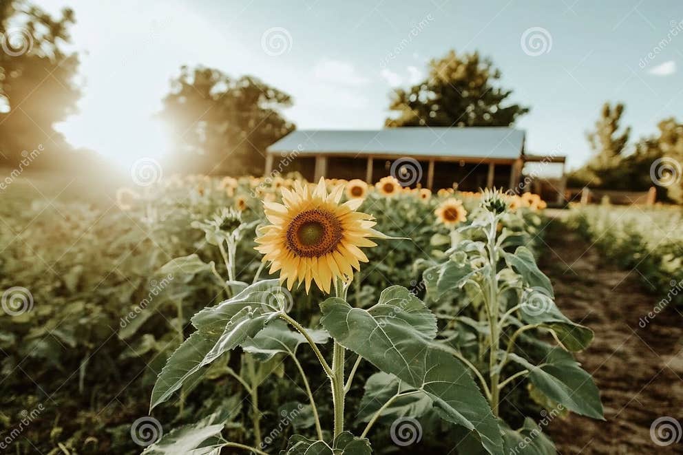 Sunlit Sunflower Field with Rustic Barn and Trees at Sunset Stock Photo ...