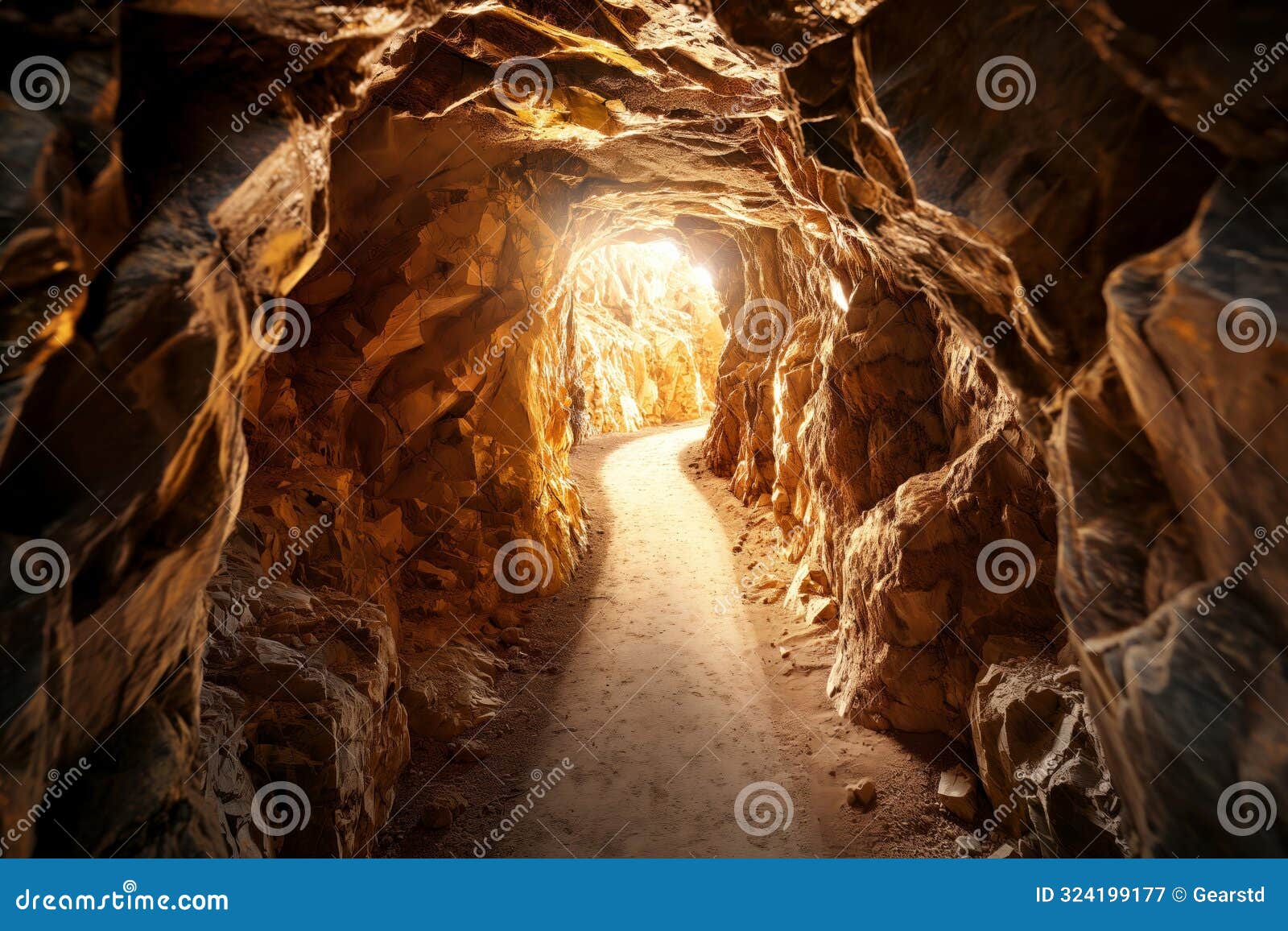 Sunlit Tunnel Path through Rugged Rocky Cavern Walls Stock Image ...