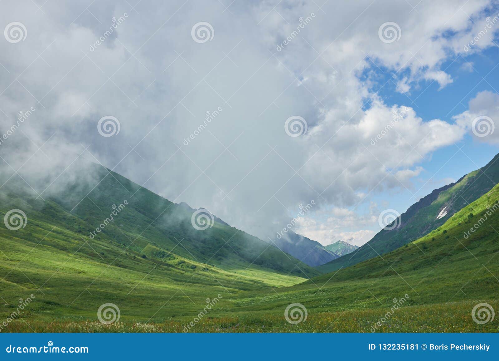 Sunlit Valley in the Mountains Stock Image - Image of sunlit, mist ...