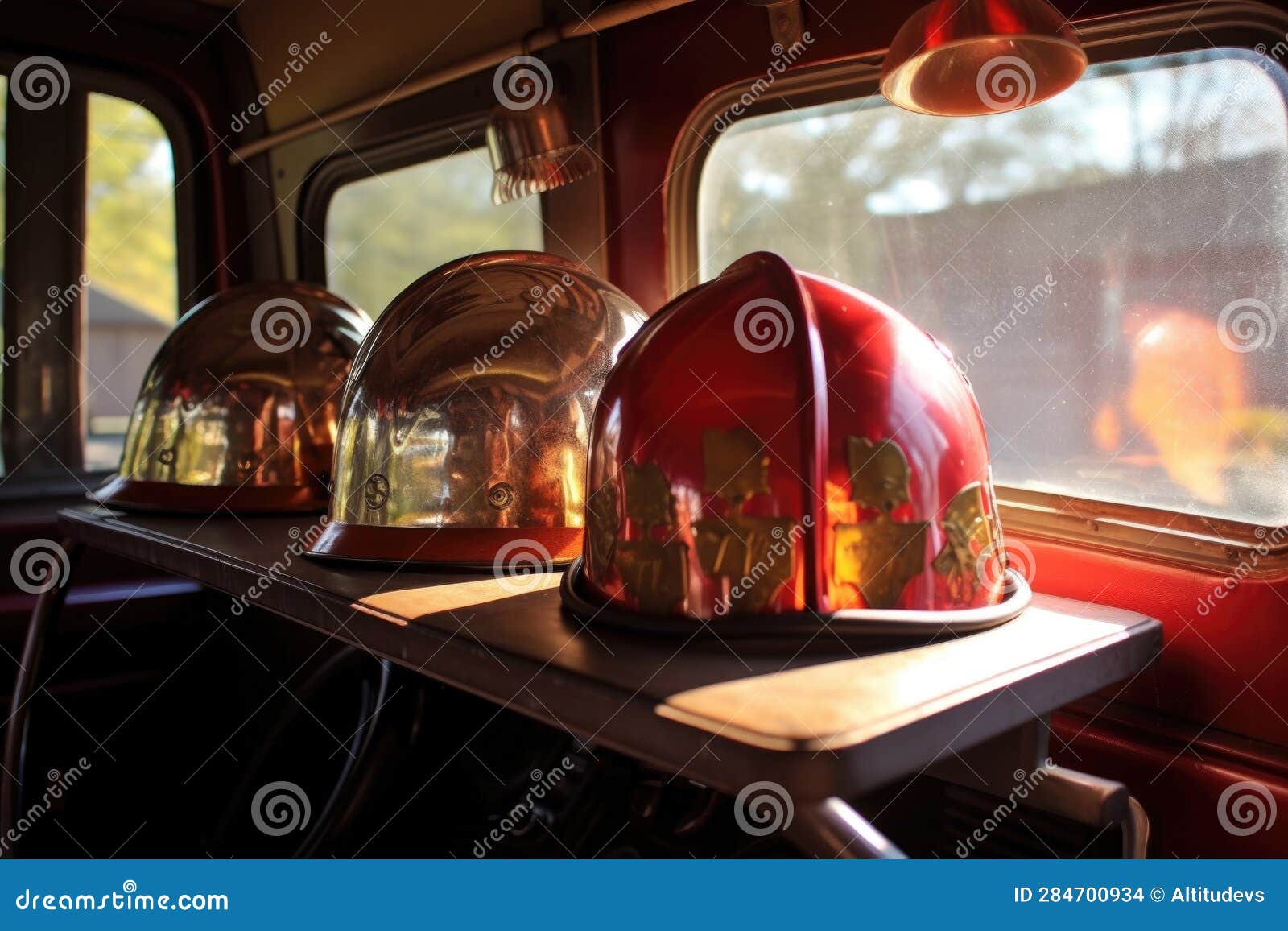 Sunlit Vintage Helmets on a Fire Truck Dashboard Stock Photo - Image of ...