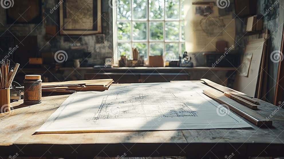 Sunlit Vintage Workshop with Drafting Table, Map, and Drawing Tools ...
