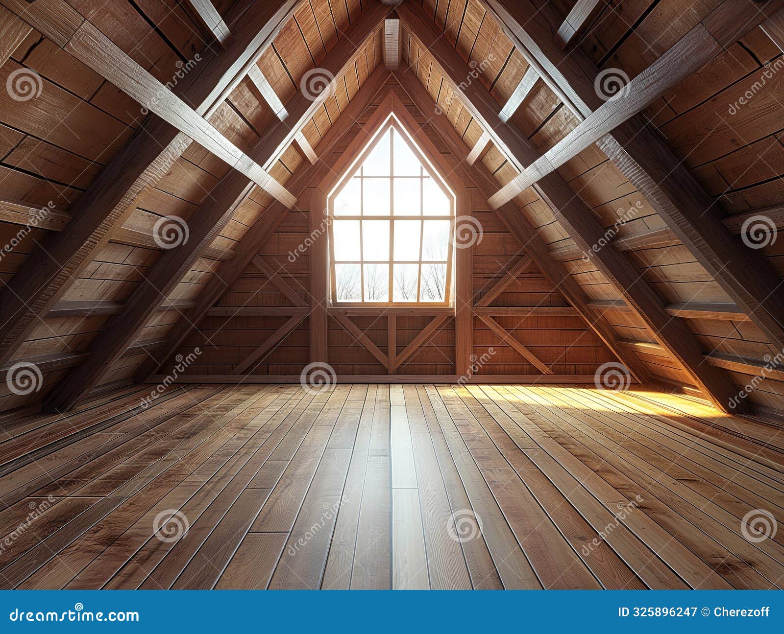 Sunlit Wooden Attic with Large Window Stock Image - Image of cozy ...