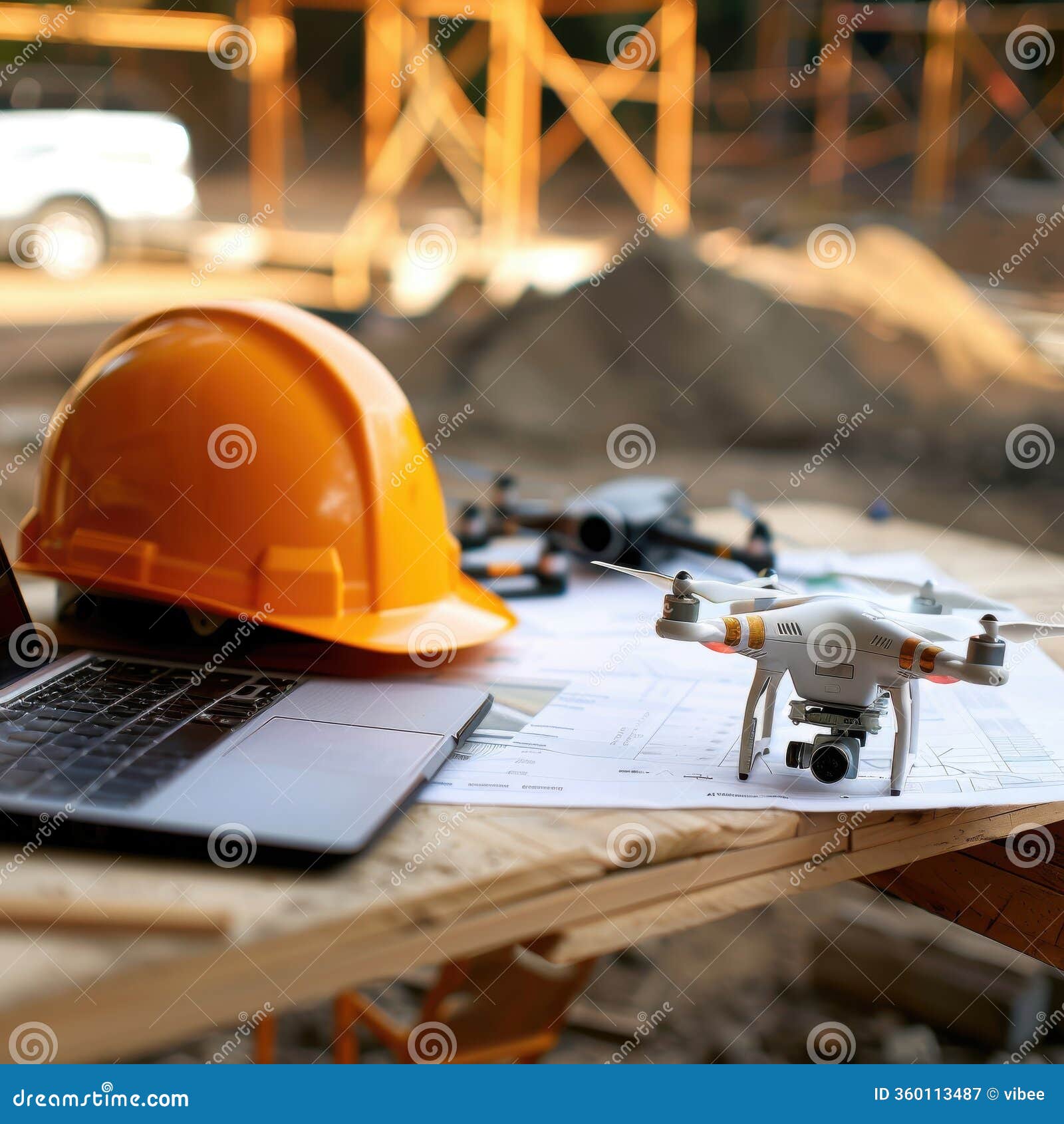 A Sunlit Worktable with a Helmet, Laptop, and Drone at a Construction ...