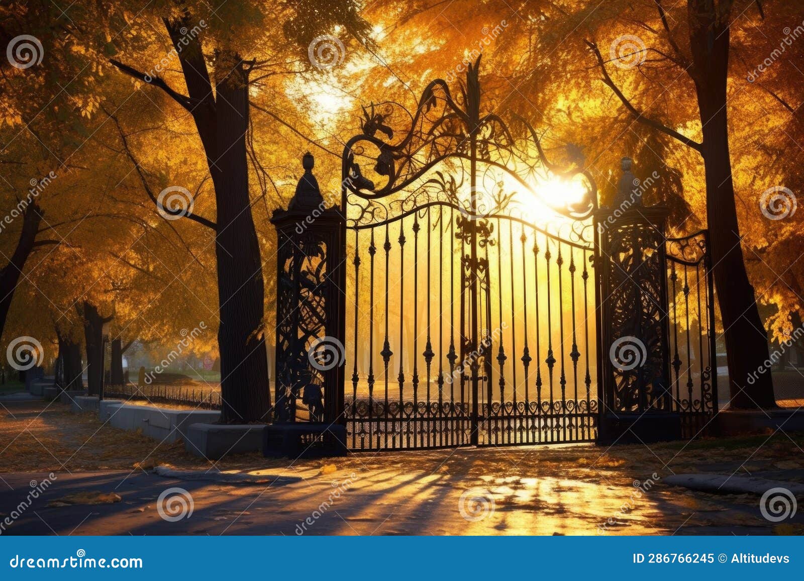 Sunlit Wrought Iron Gate in a Park Stock Image - Image of fence, design ...
