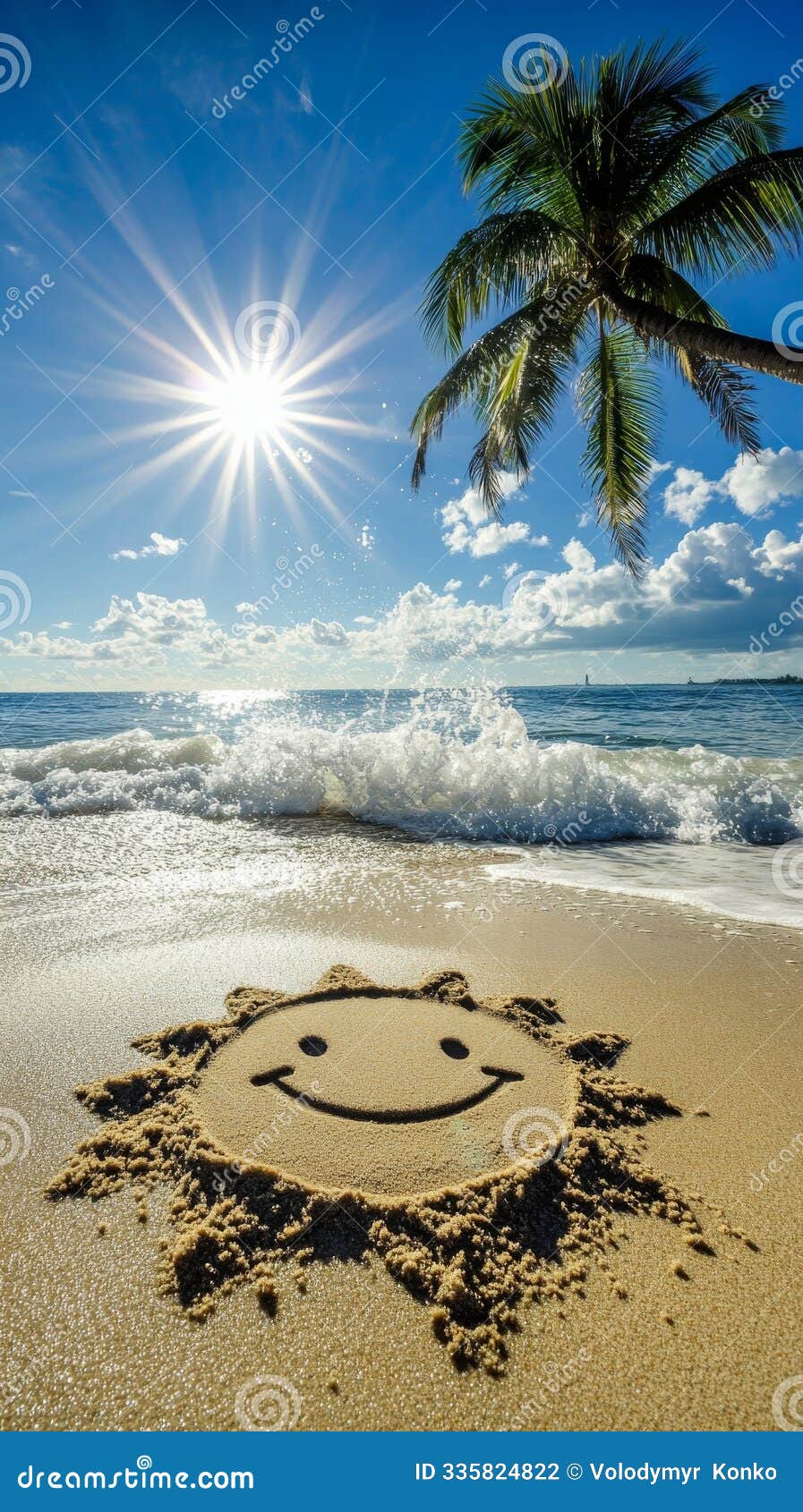 Sunny Beach with Palm Tree and Smiley Face in Sand Stock Photo - Image ...