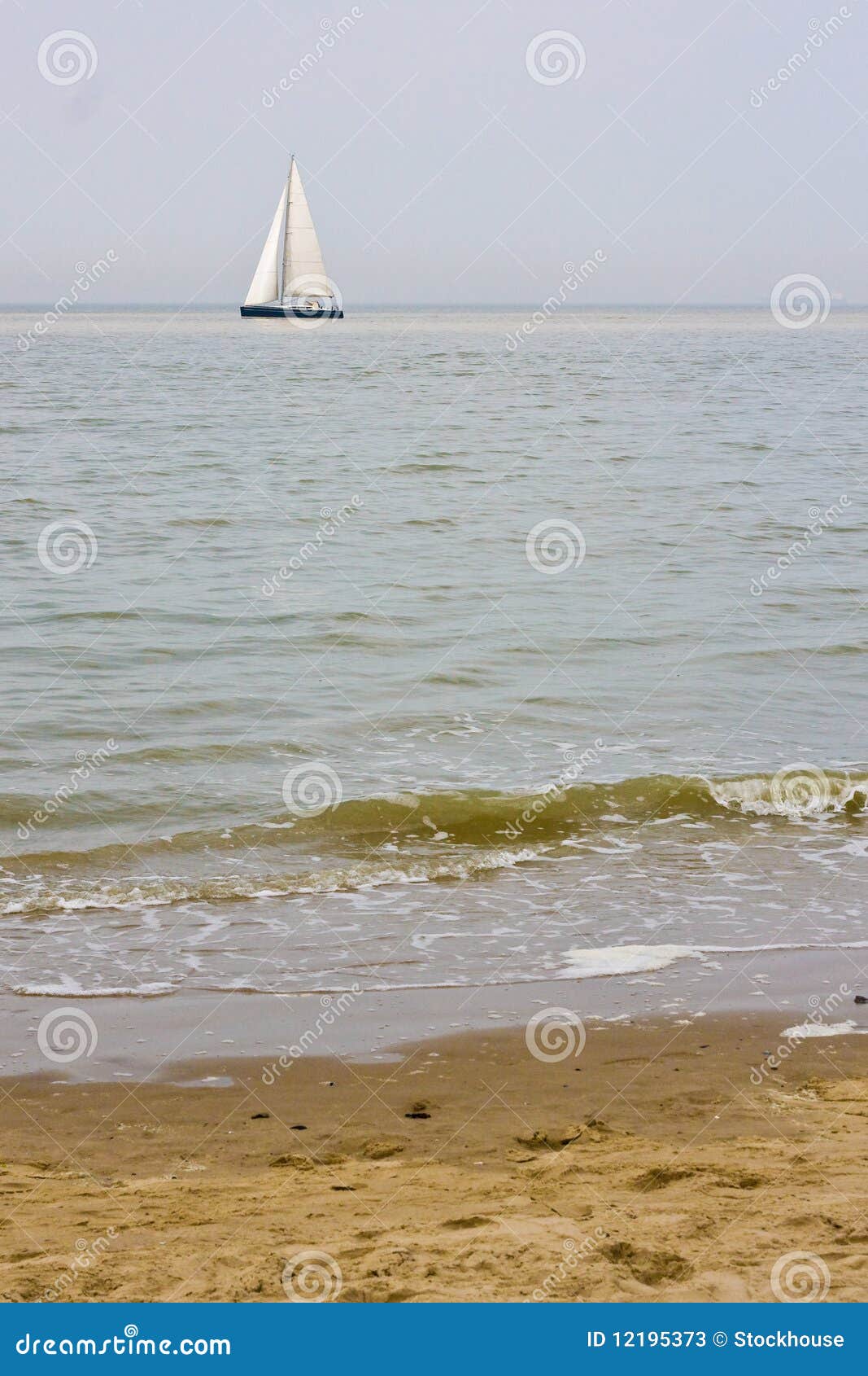 Sunny Beach with Sailing Boat in Distance Stock Image - Image of copy ...