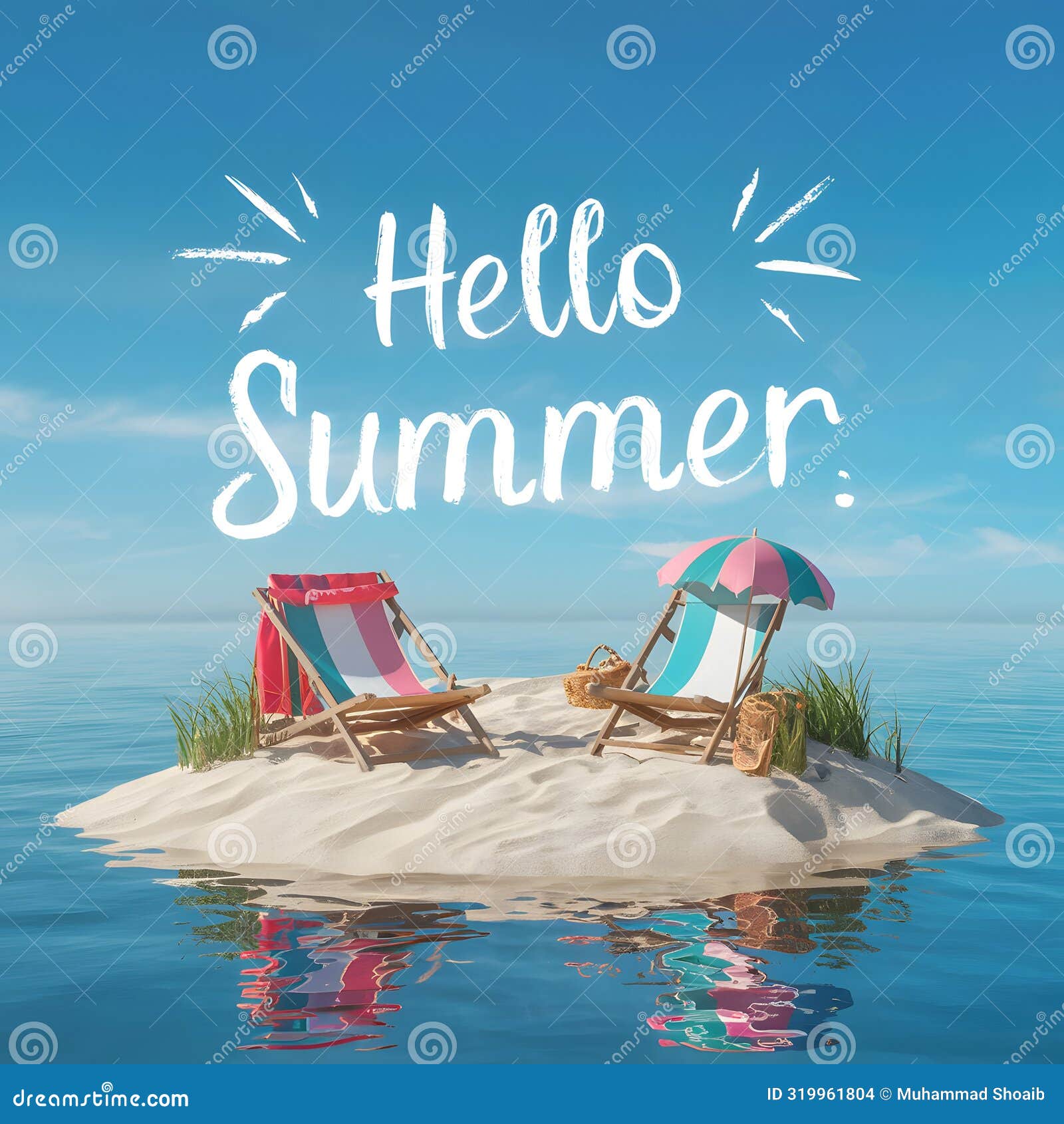 Sunny Beach Scene with a HELLO Summer Message and Beach Essentials ...