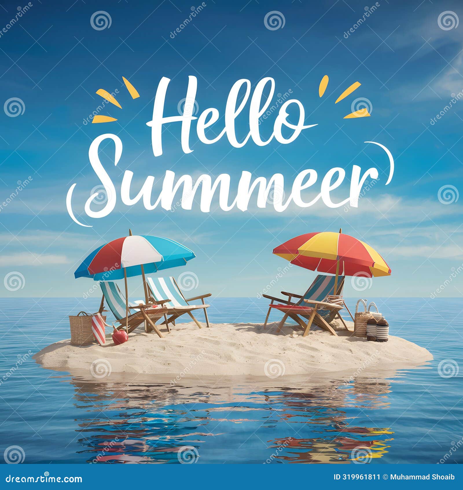 Sunny Beach Scene with a HELLO Summer Message and Beach Essentials ...