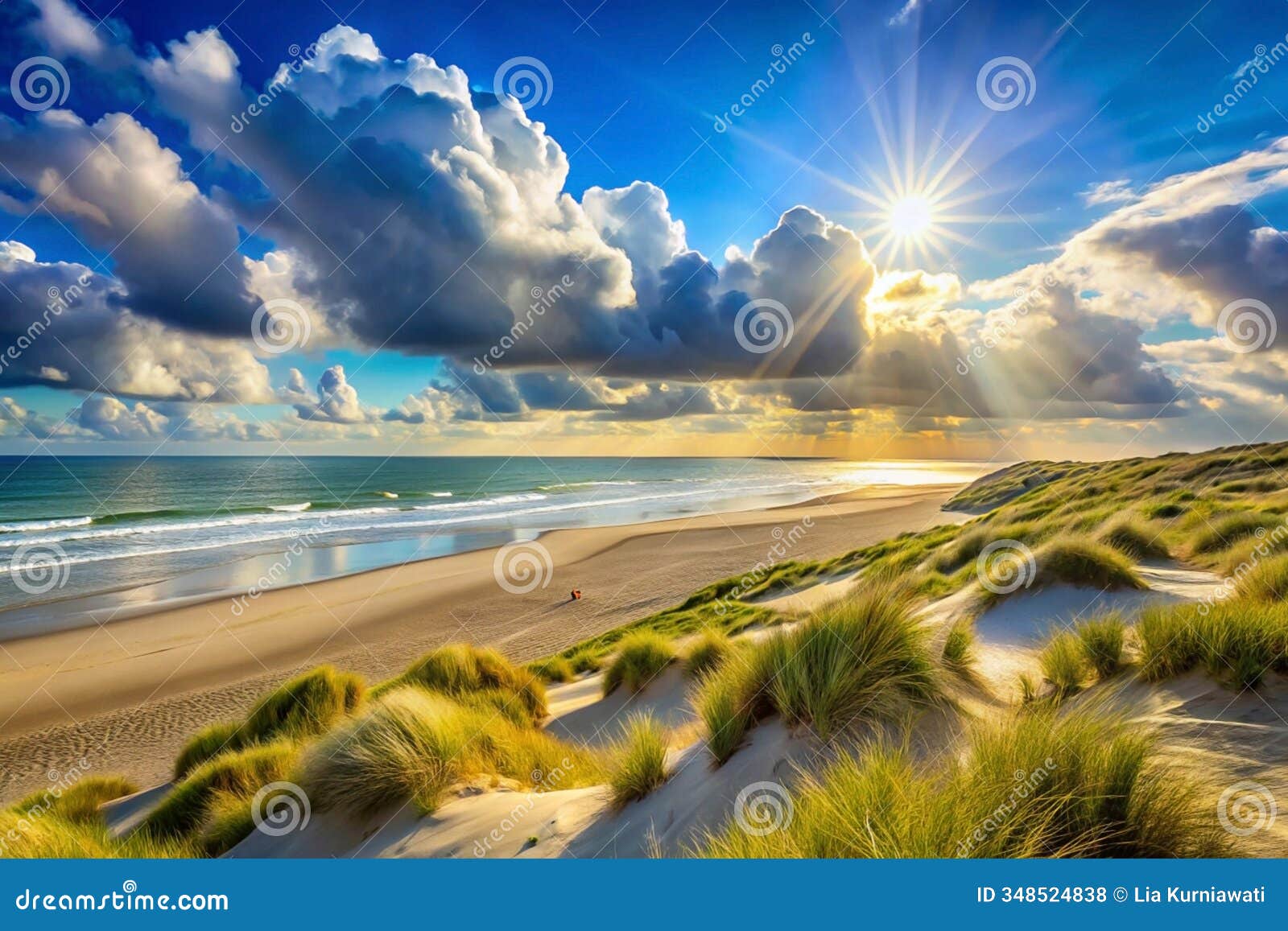 Sunny Beach Scene with Sand Dunes, Ocean Waves, and Blue Sky Stock ...