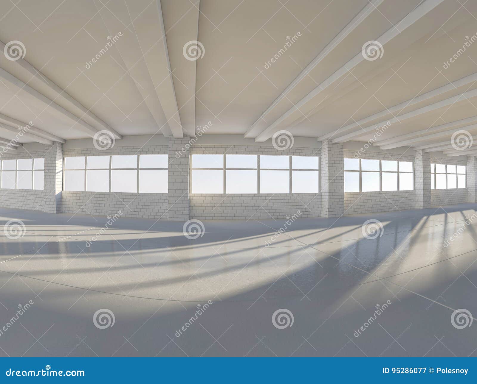 Sunny Big Open Area with Windows. 3D. Stock Illustration - Illustration ...
