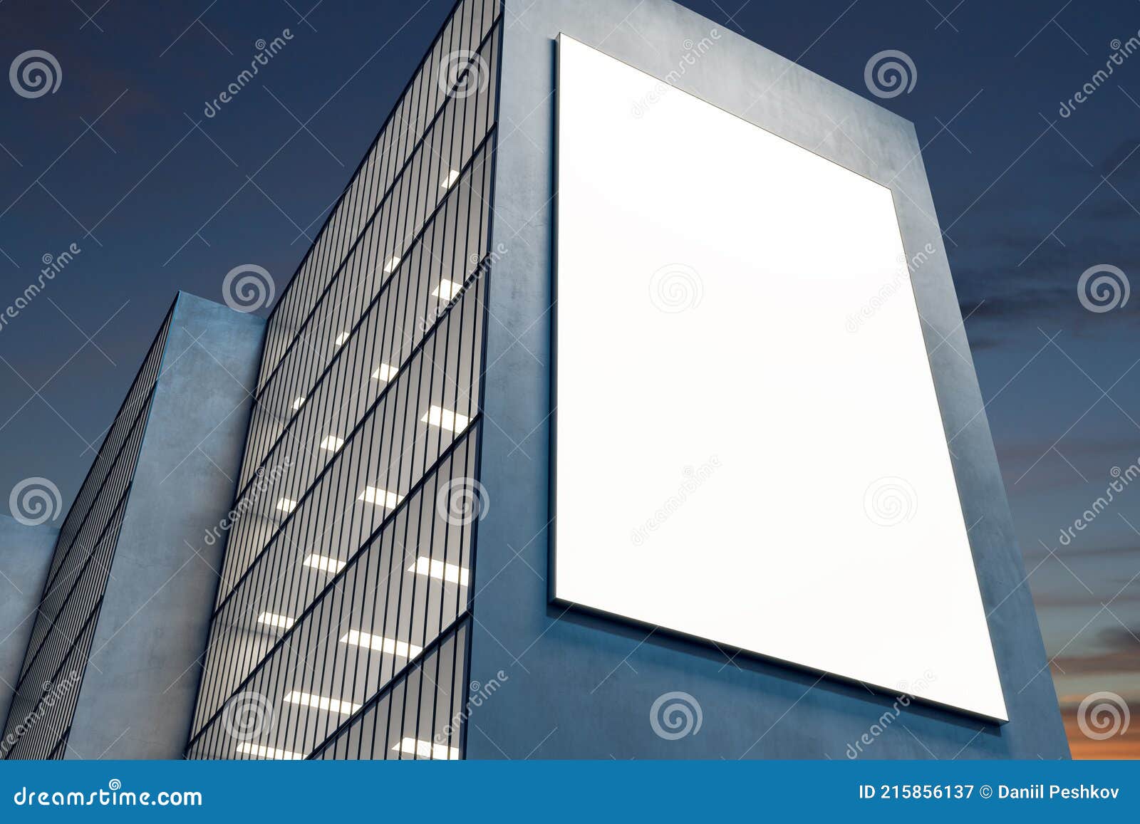 Sunny Blank White Billboard on Dark Wall of Modern Skyscraper on Sunset ...
