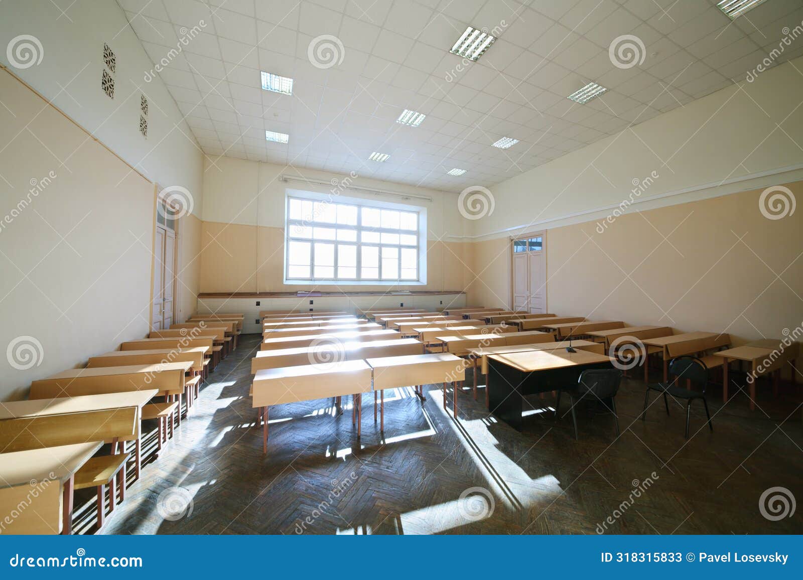 Sunny Classroom with Rows of Wooden Tables for Stock Image - Image of ...