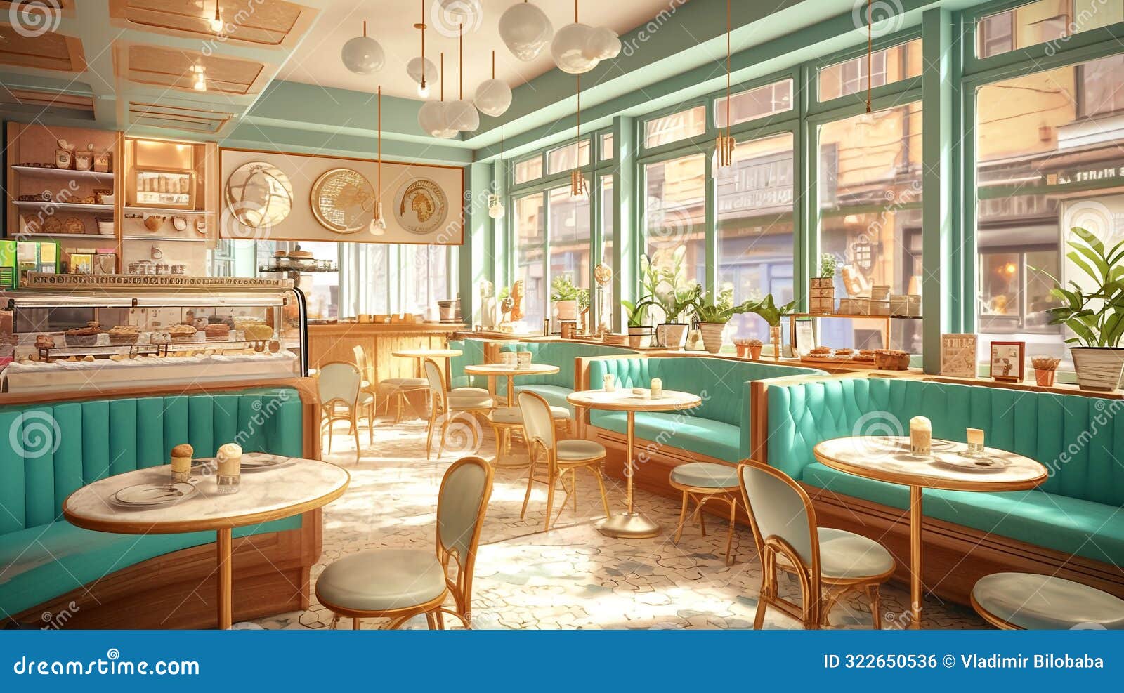 Sunny Day Cafe Interior with Booth Seating Stock Illustration ...