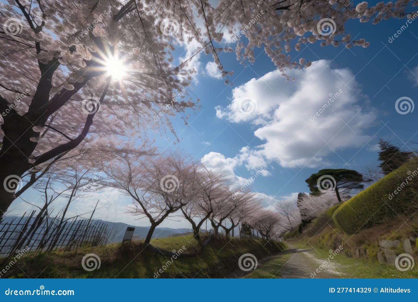 Sunny Day, with Cherry Blossom Trees in Full Bloom and Clouds in the ...