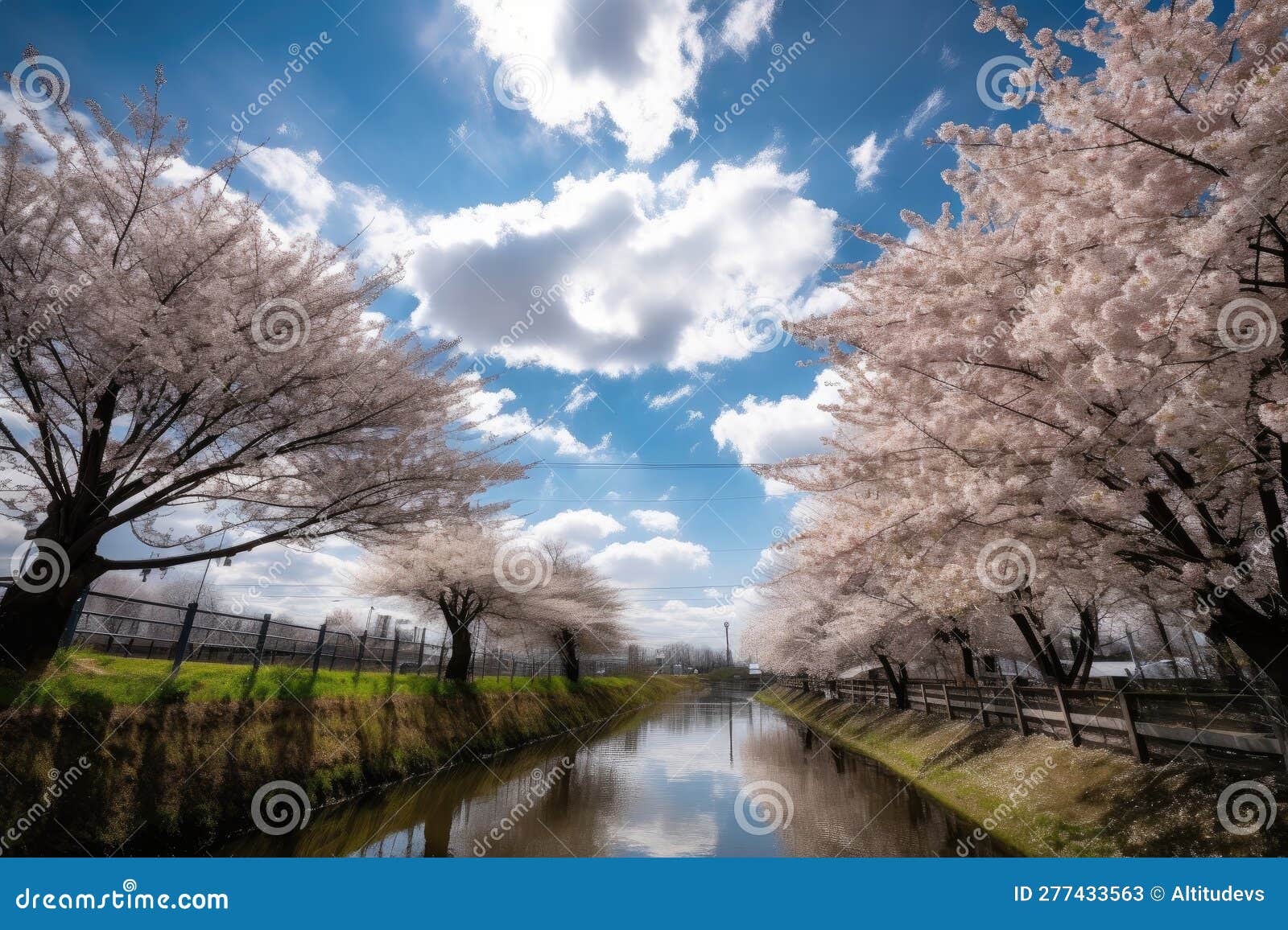 Sunny Day, with Cherry Blossom Trees in Full Bloom and Clouds in the ...
