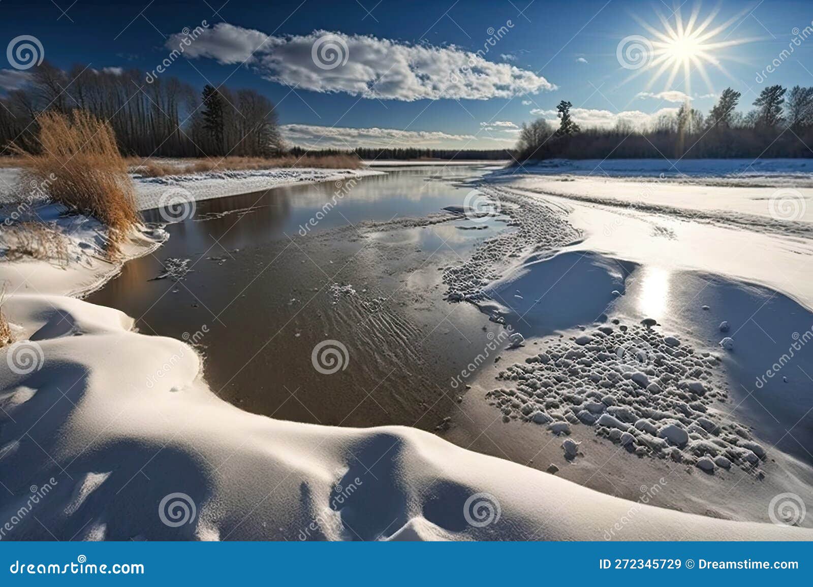 Sunny Day and Ice River with Sand in Winter Stock Illustration ...