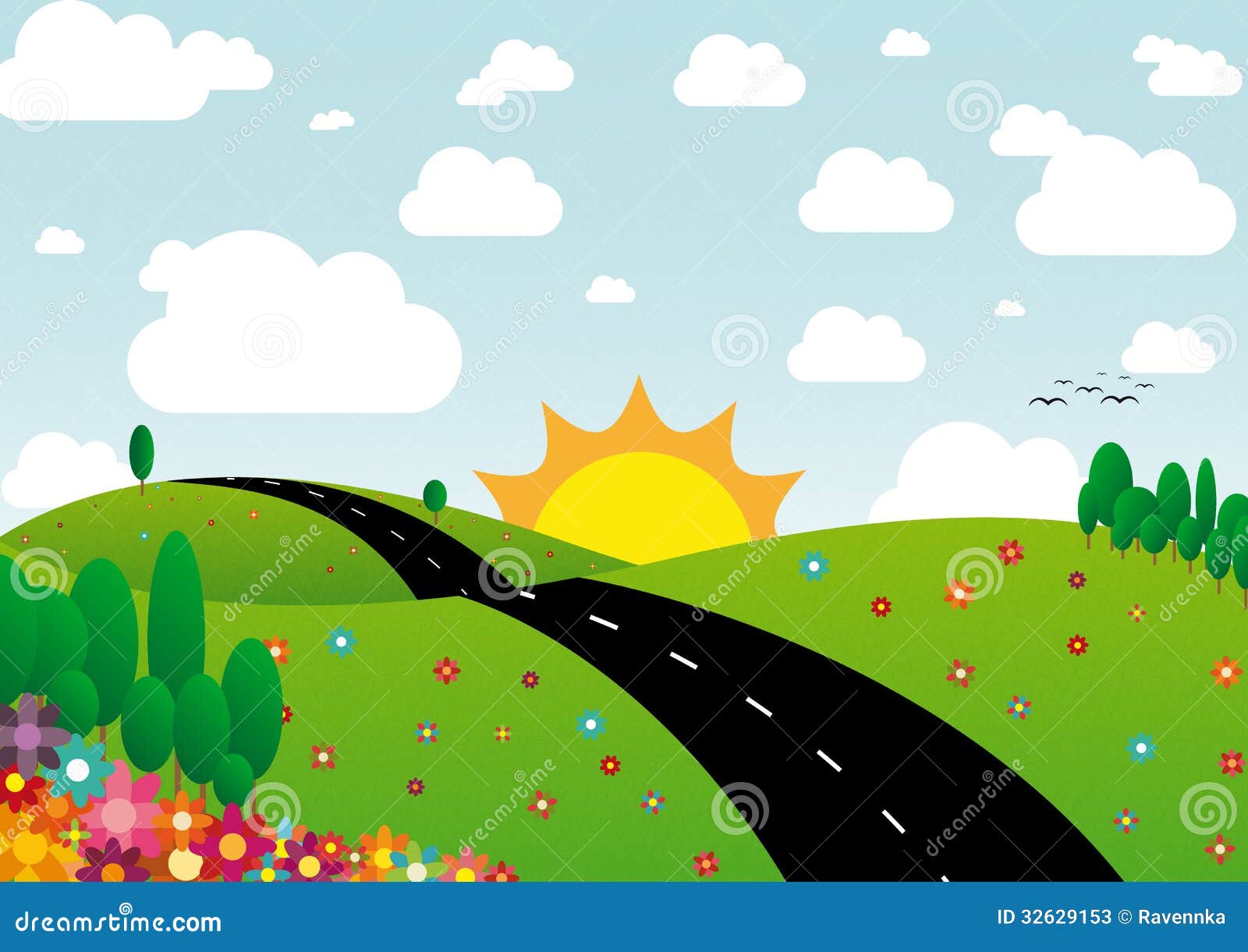 Sunny day landscape stock vector. Illustration of cloud - 32629153
