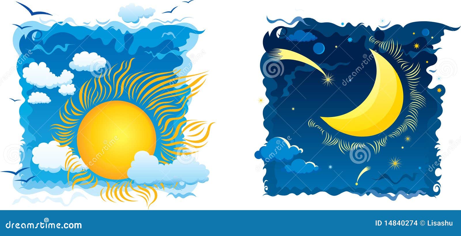 Sunny Day and Moonlit Night Stock Illustration - Illustration of ...