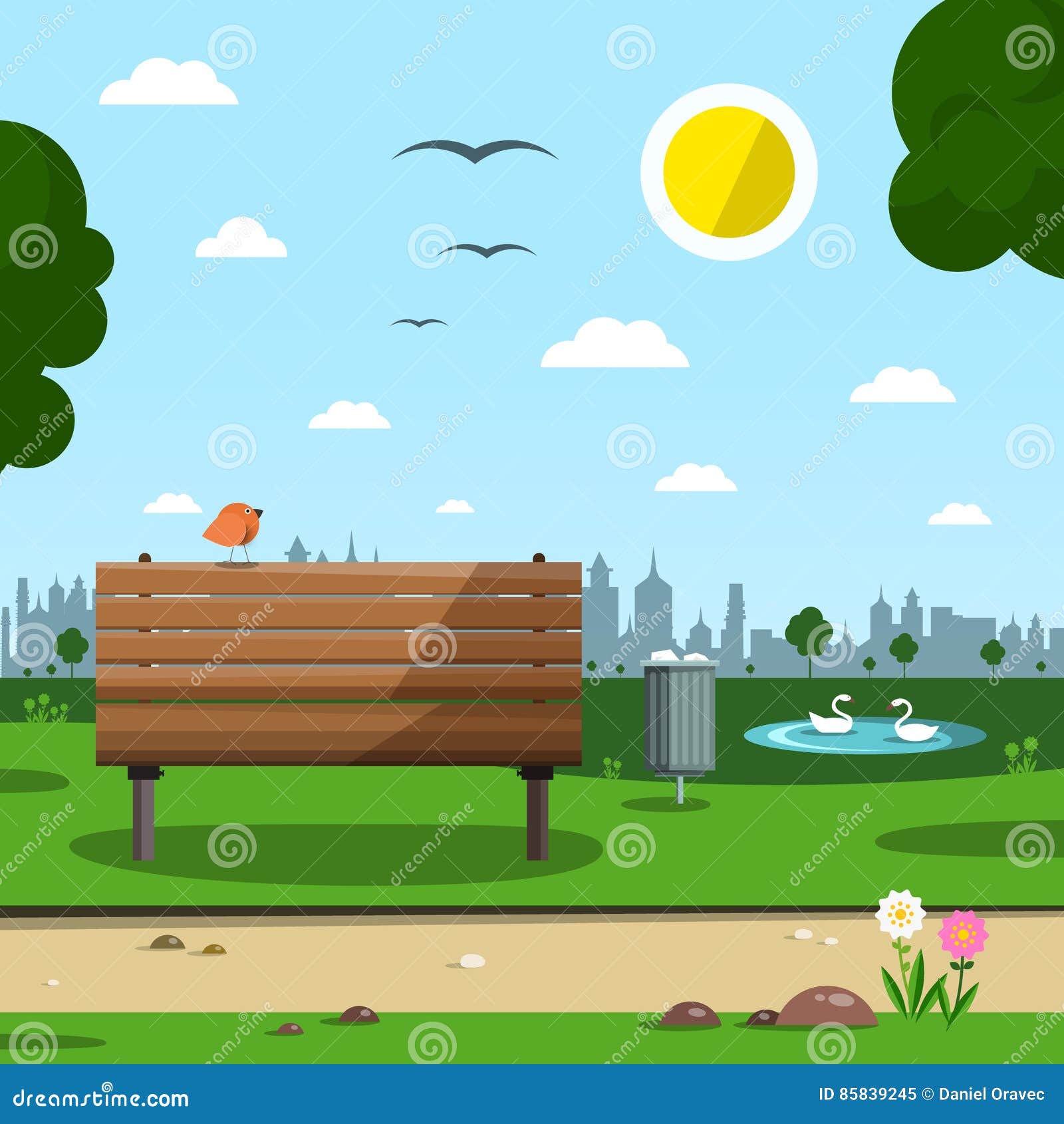 Sunny Day in Park with Town Silhouette Stock Vector - Illustration of ...