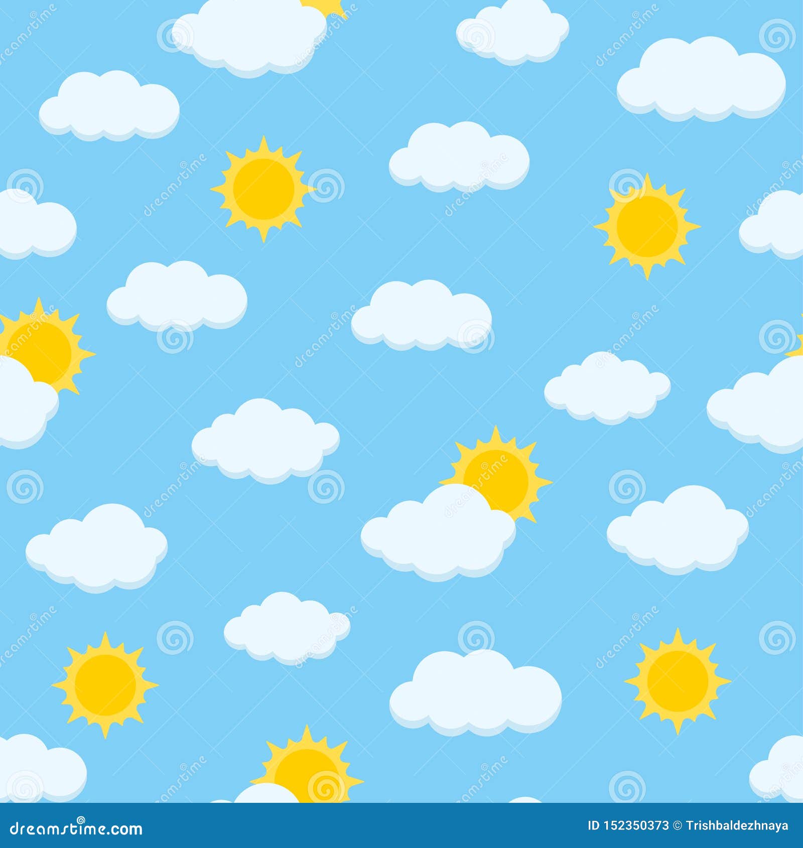 Sunny Day Sky Cute Vector Seamless Pattern with Fluffy Clouds and ...