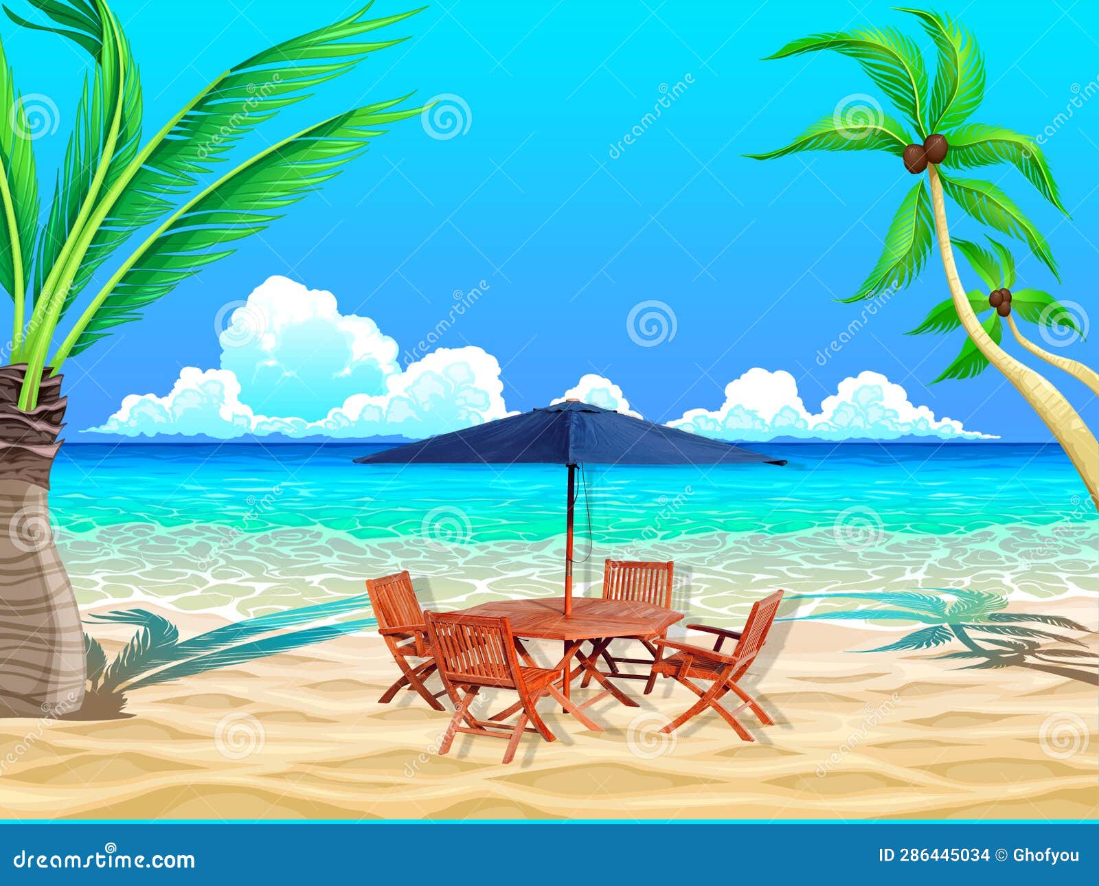 Sunny Day on a Tropical Sandy Beach with Calm Sea. Vector Stock ...