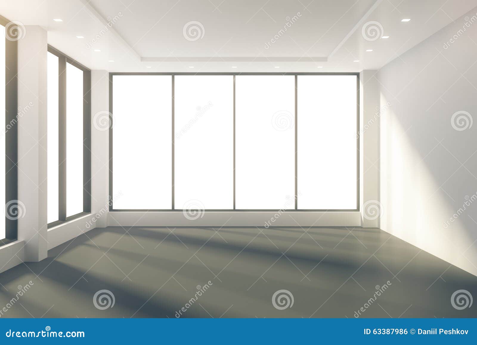 Sunny Empty Room with Windows in Floor and White Walls Stock ...