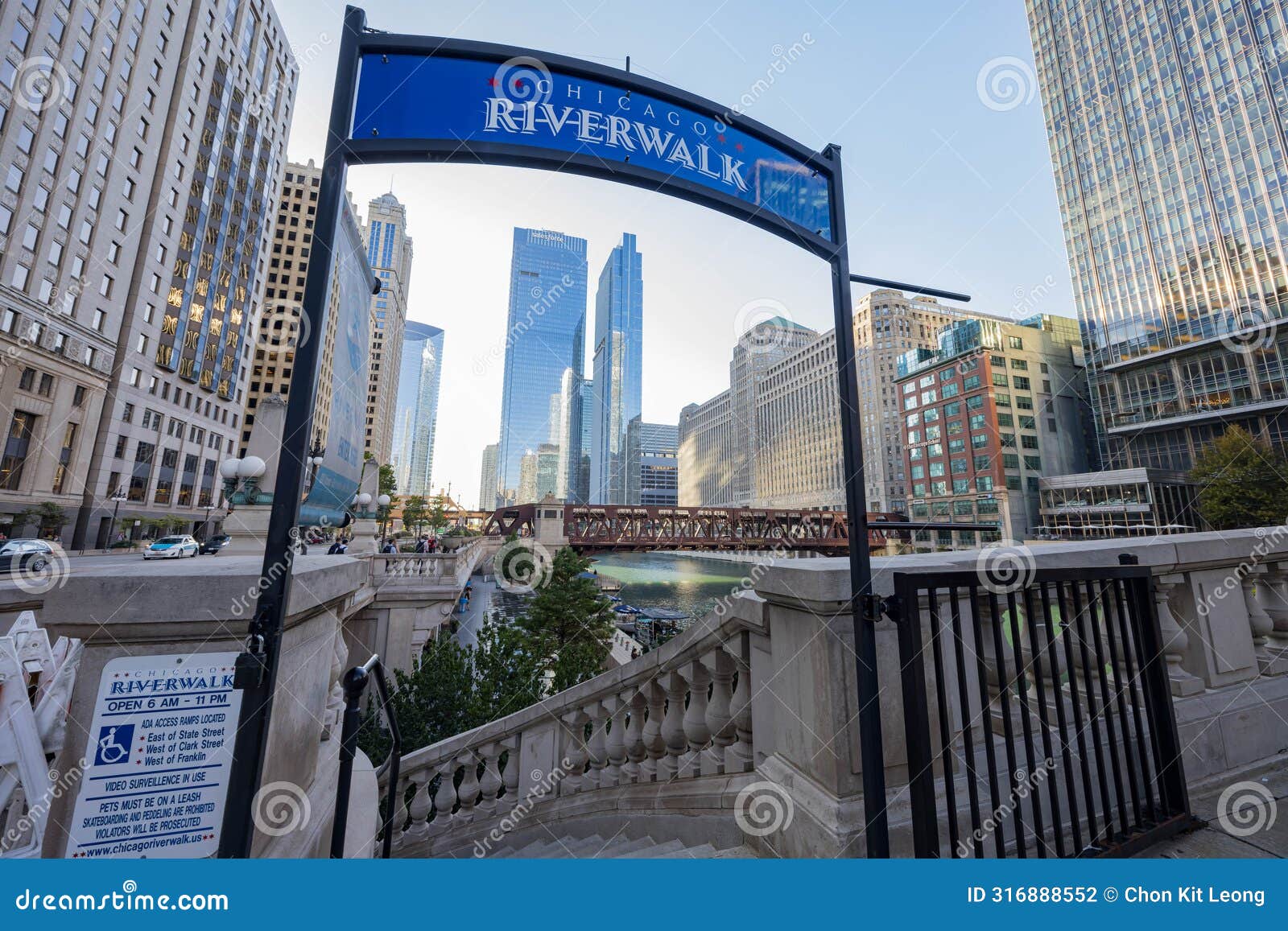Sunny Exterior View of the Chicago Riverwalk Sign Editorial Photography ...