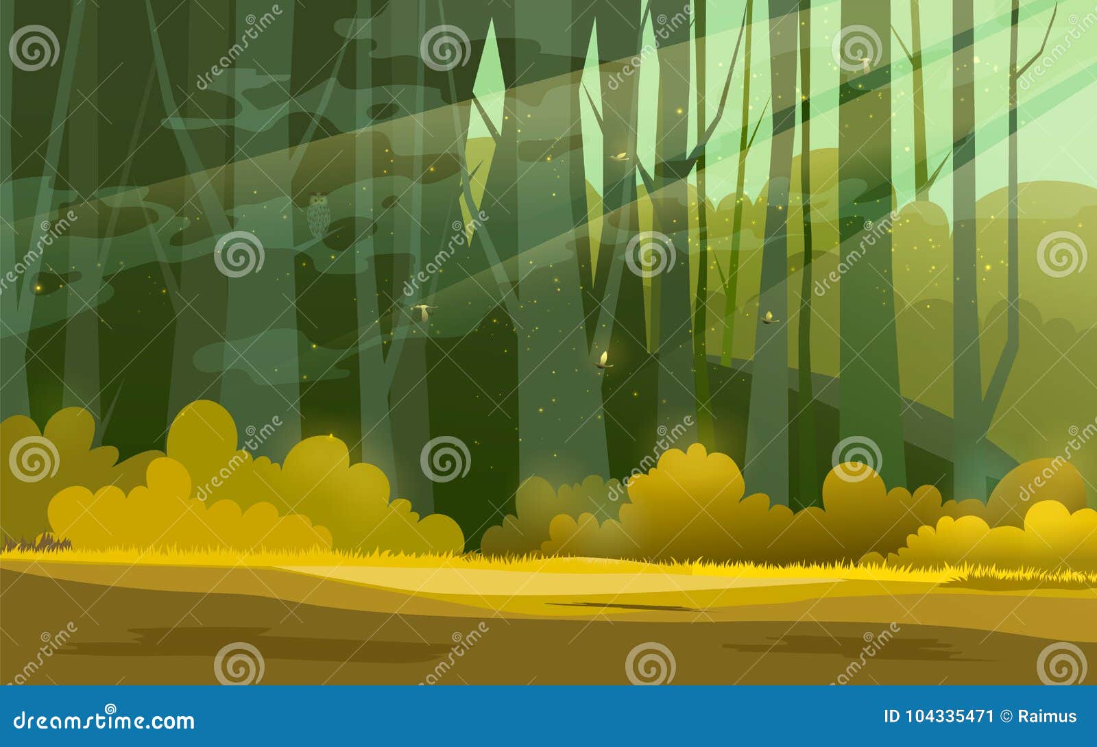 Sunny Forest Background. Vector Illustration of Woods in Forest in ...
