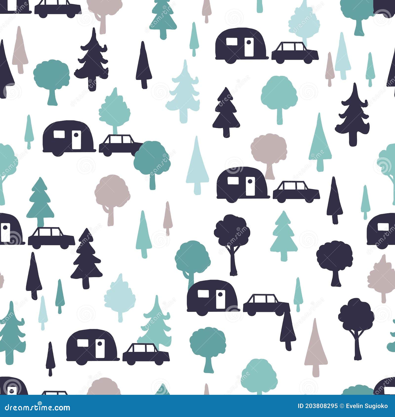 Camper RV Pattern On Wheels. Cartoon Background With A Road Trailer For ...