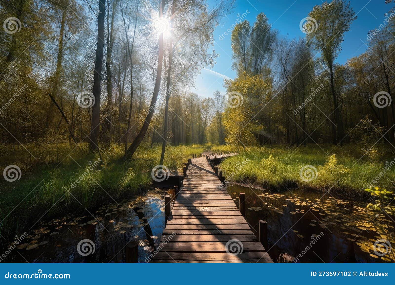 Sunny Forest with Duckboards Path and Clear Blue Sky Stock Photo ...