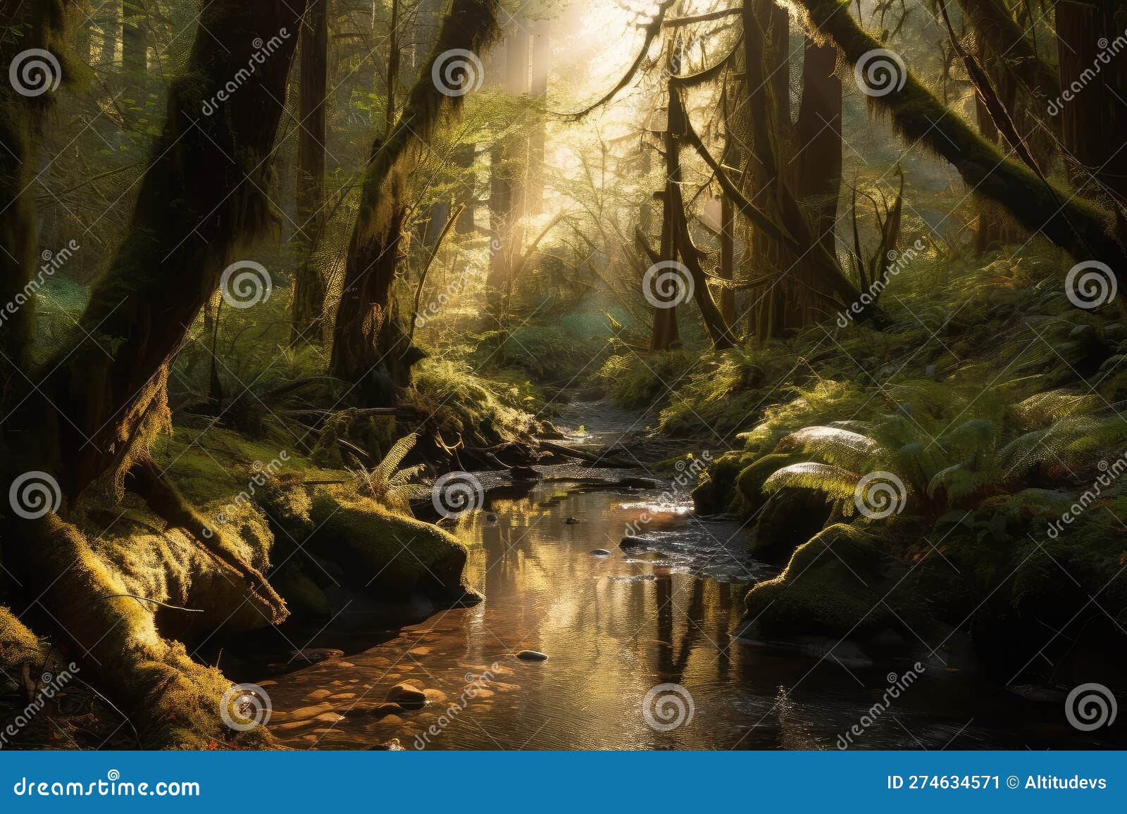Sunny Forest with Mossy Trees and Running Stream Stock Illustration ...