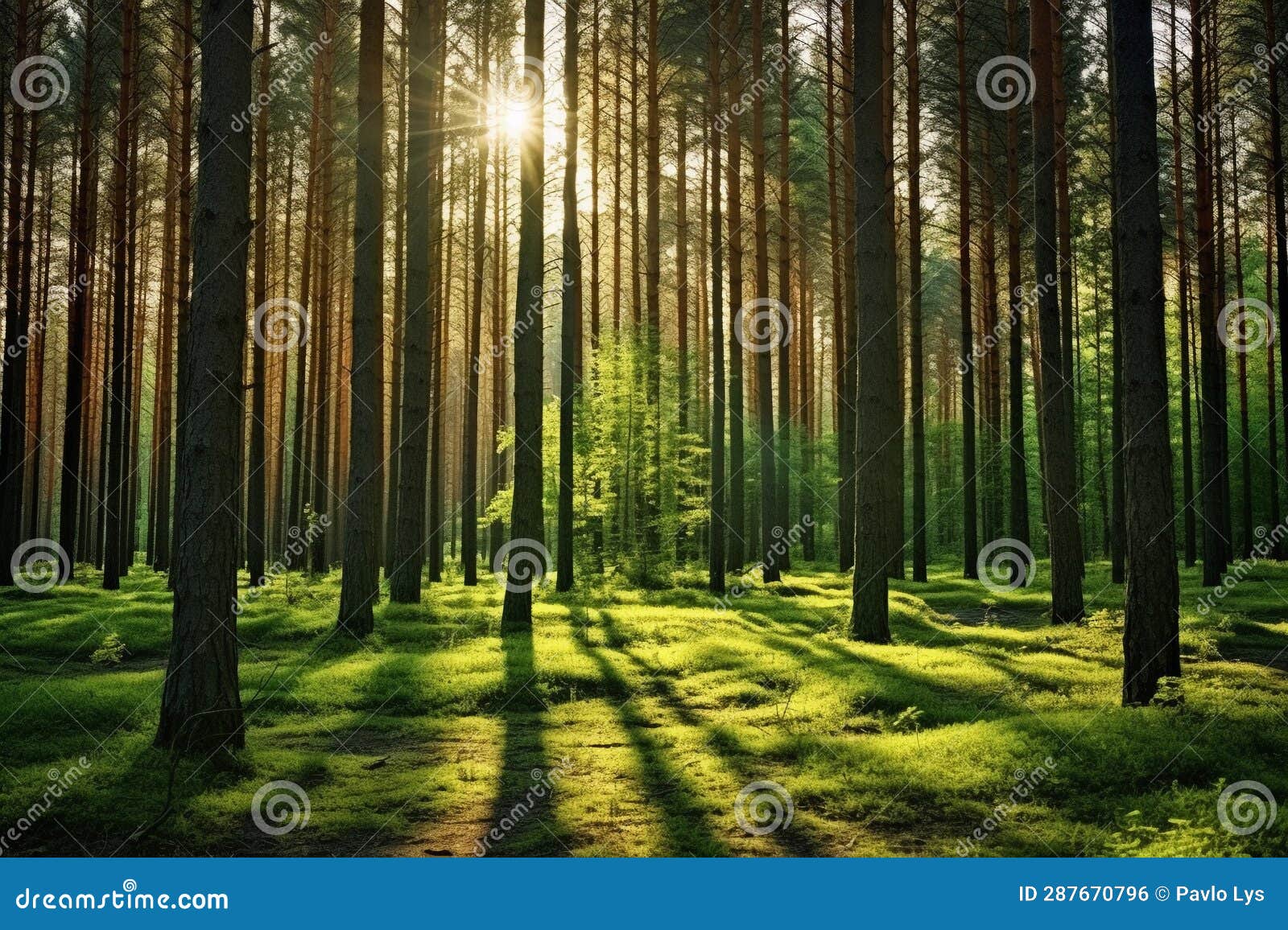 Sunny Forest with Trees and Sunlight Shining Stock Illustration ...