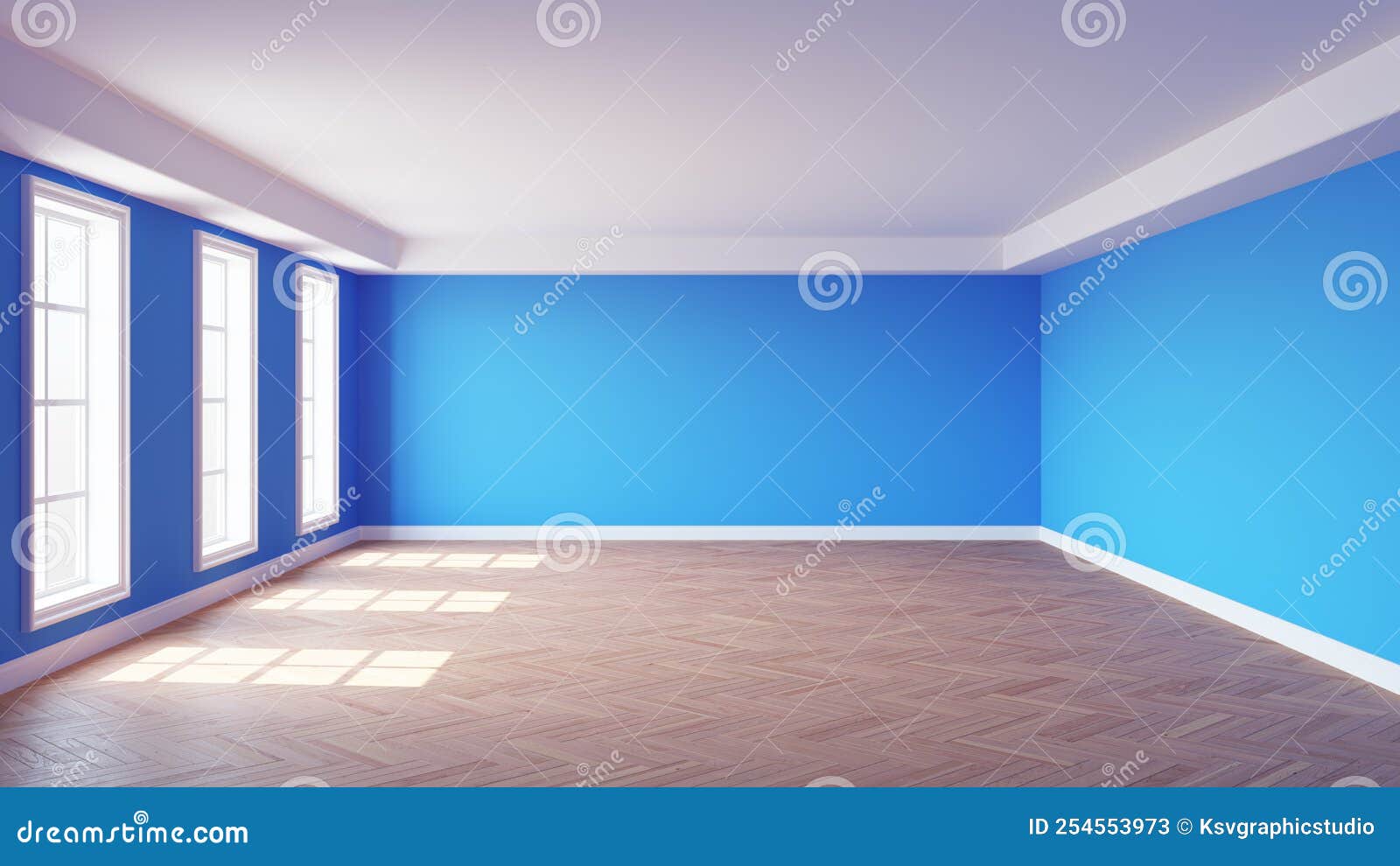 Sunny Interior with Blue Walls, Three Large Windows, White Ceiling ...