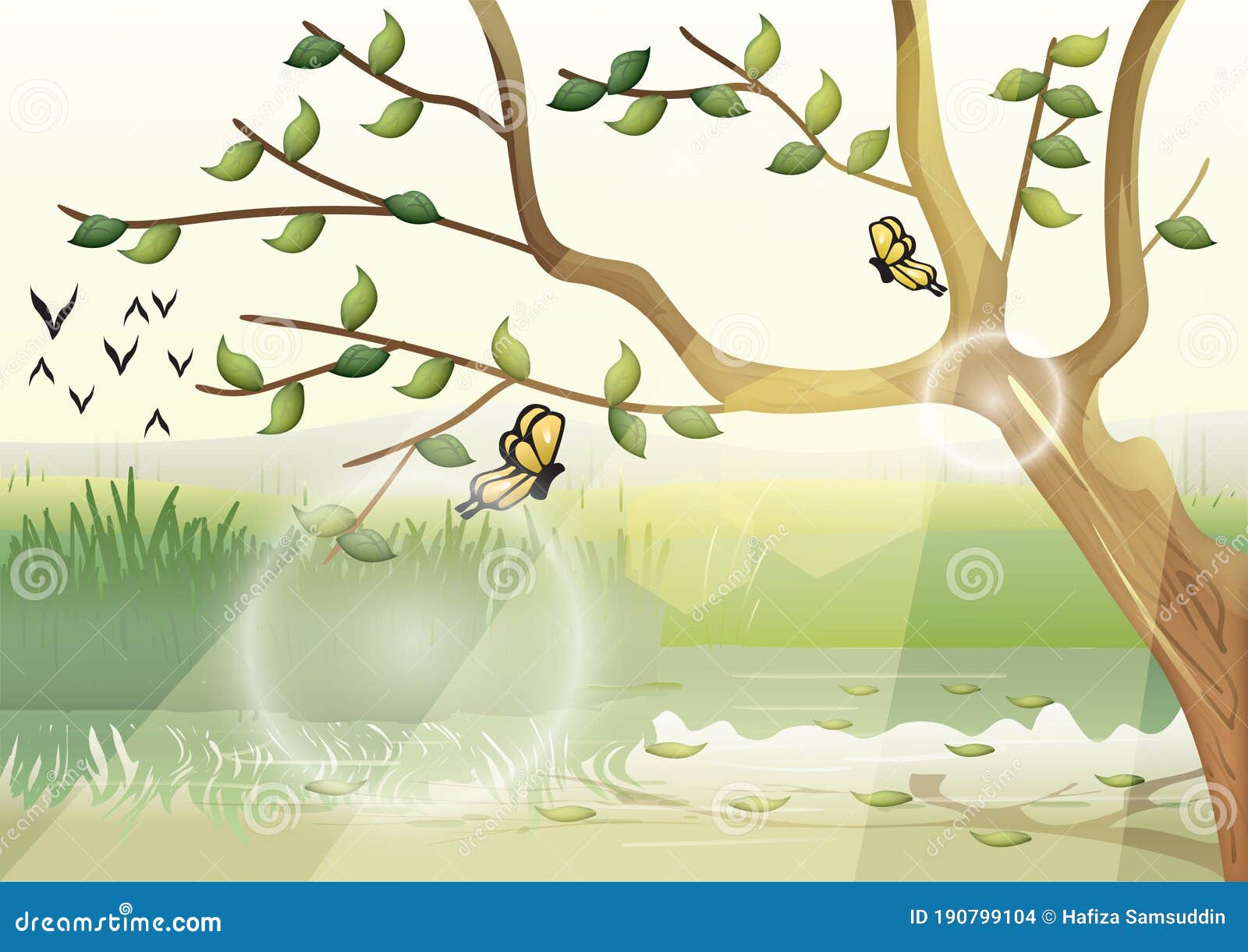 Sunny Landscape with Tree Shedding Leaves. Vector Illustration ...