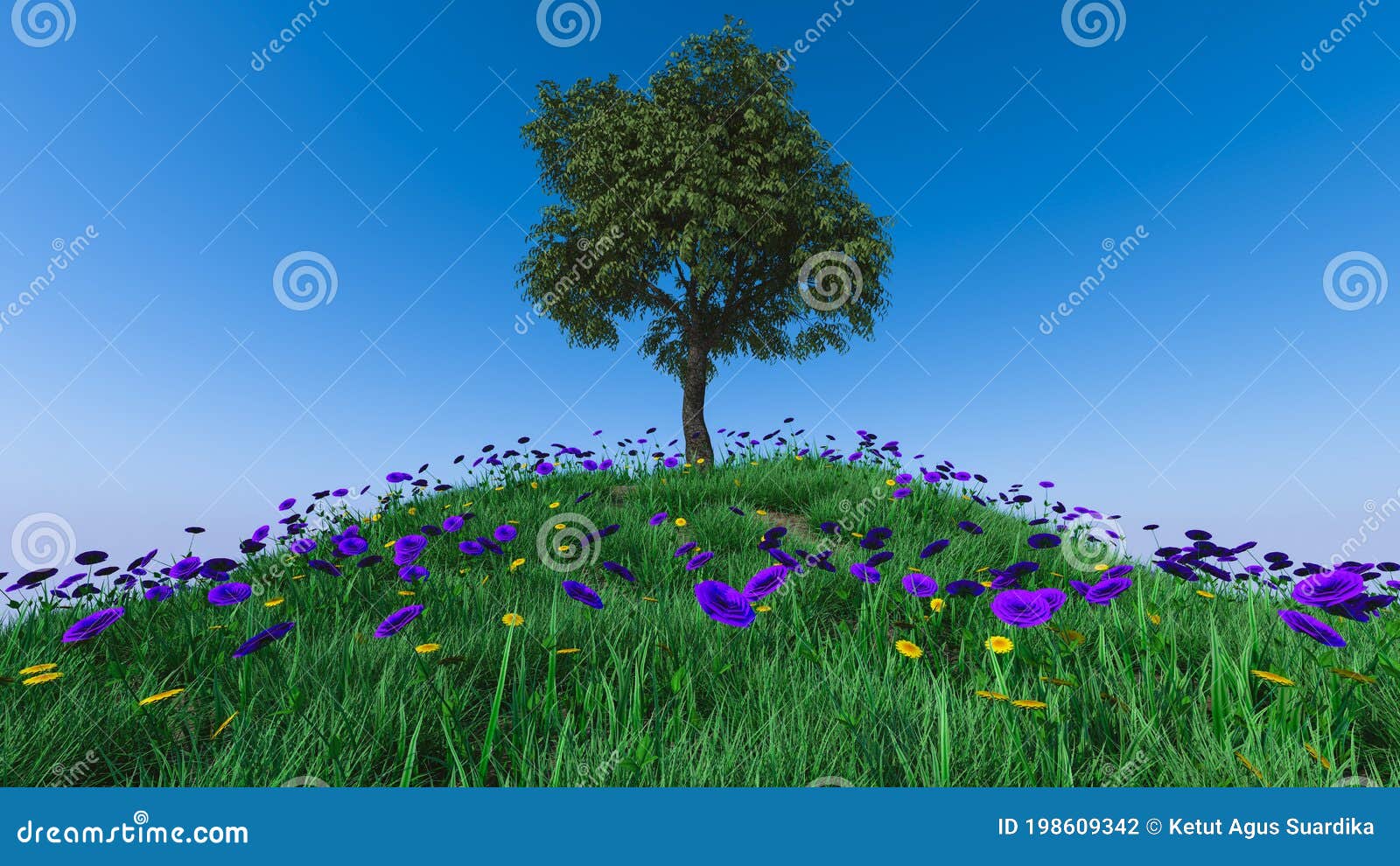 Sunny Lonely Tree among the Grass and Blooming Spring Purple and Yellow ... Sunny Lonely Tree among the Grass and Blooming Spring Purple and Yellow ...