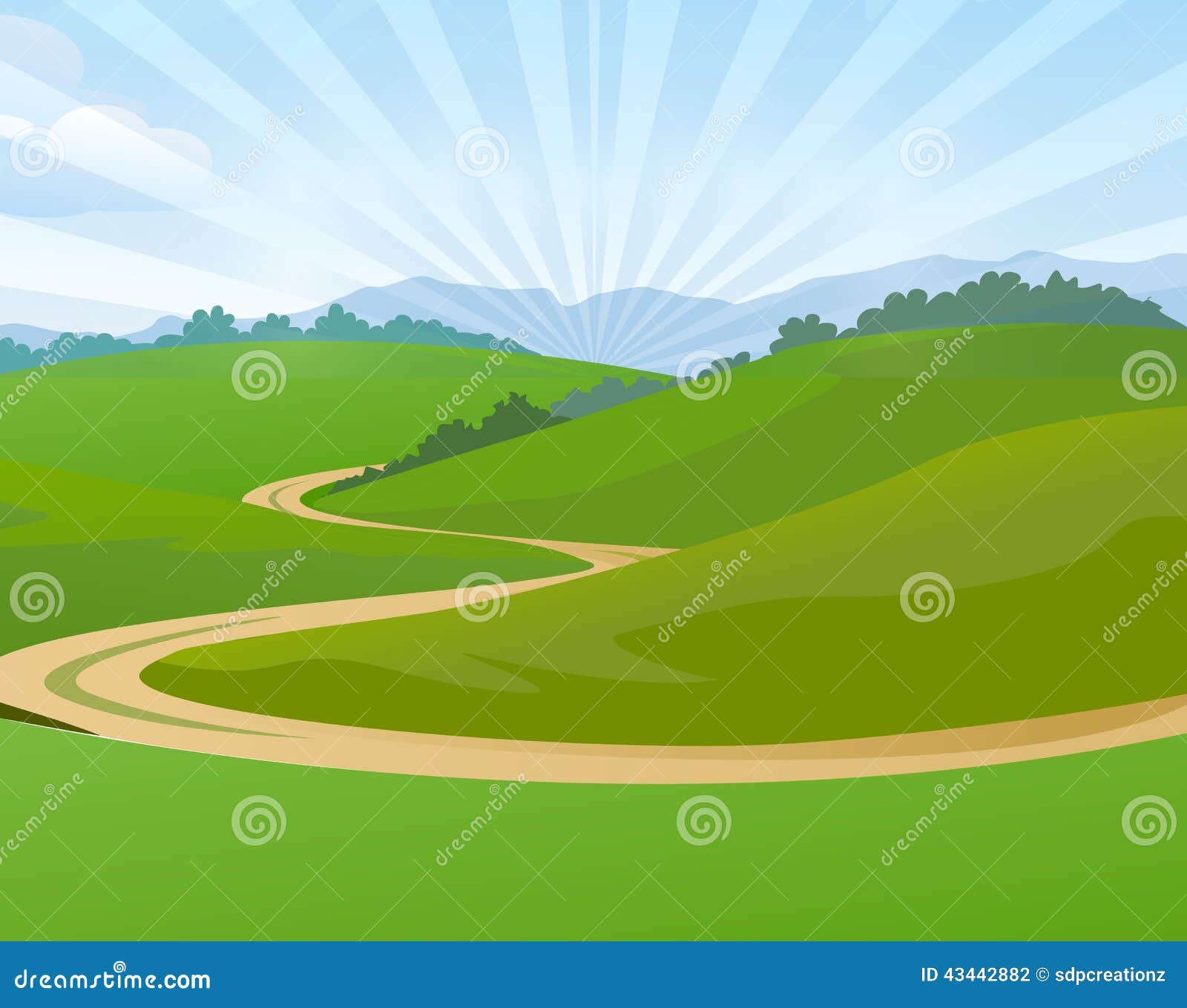 Sunny Meadow Mit Einsamem Weg Vektor Abbildung - Illustration von land ...