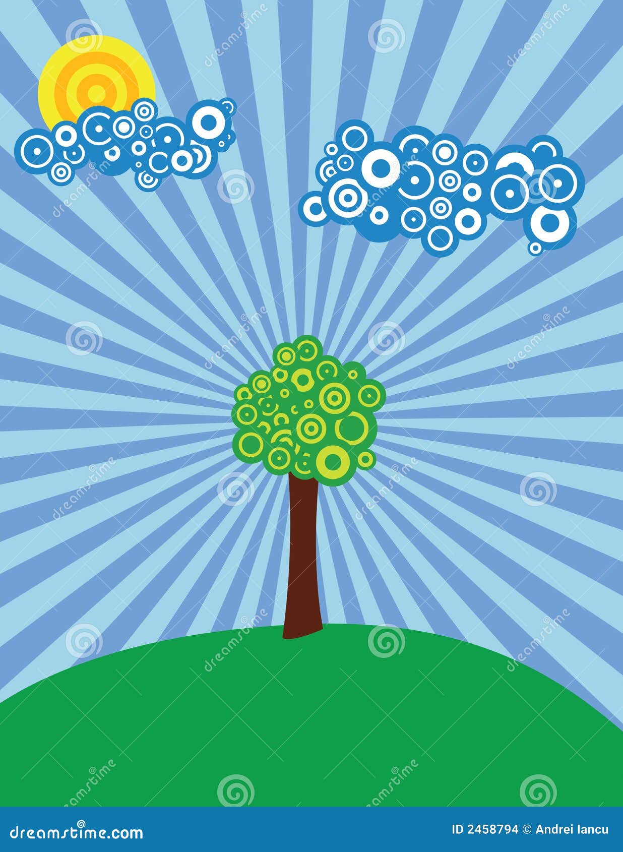 Sunny meadow with tree stock illustration. Illustration of bright - 2458794