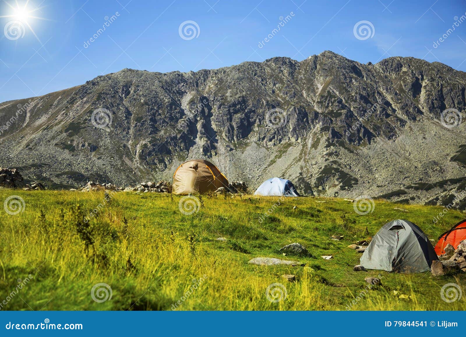 Sunny Mountain Alpine Landscape with Camping Tents Stock Image - Image ...
