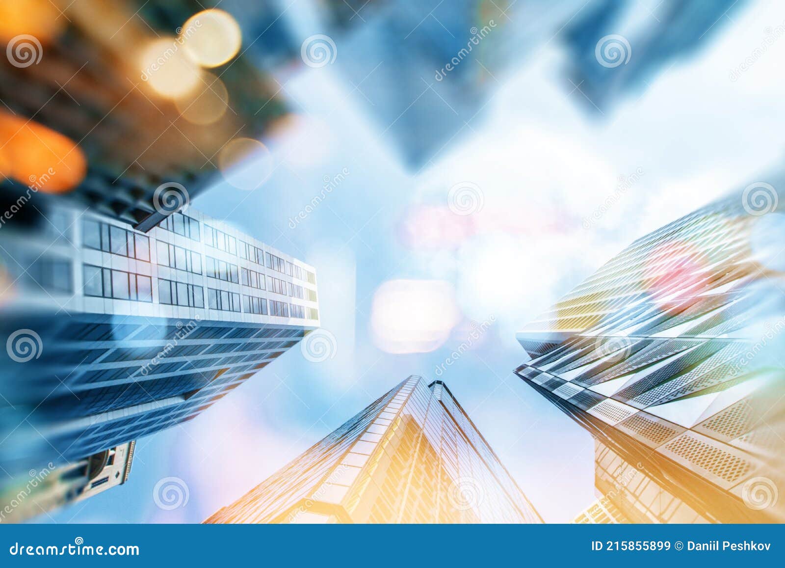 Sunny Office Buildings from Low Angle View on Blue Sky Background Stock ...