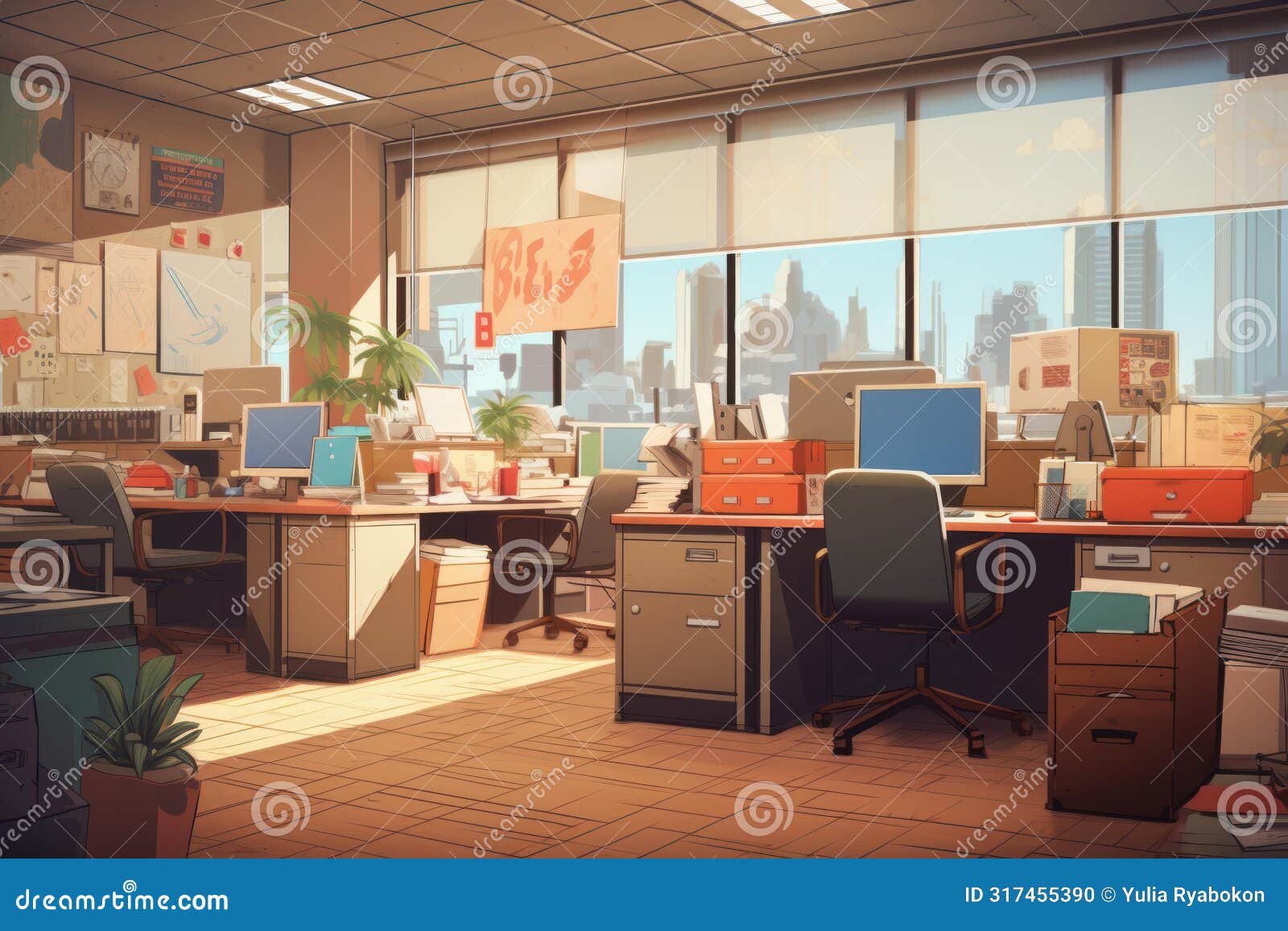 Sunny Office Interior with Open Space Design Stock Illustration ...