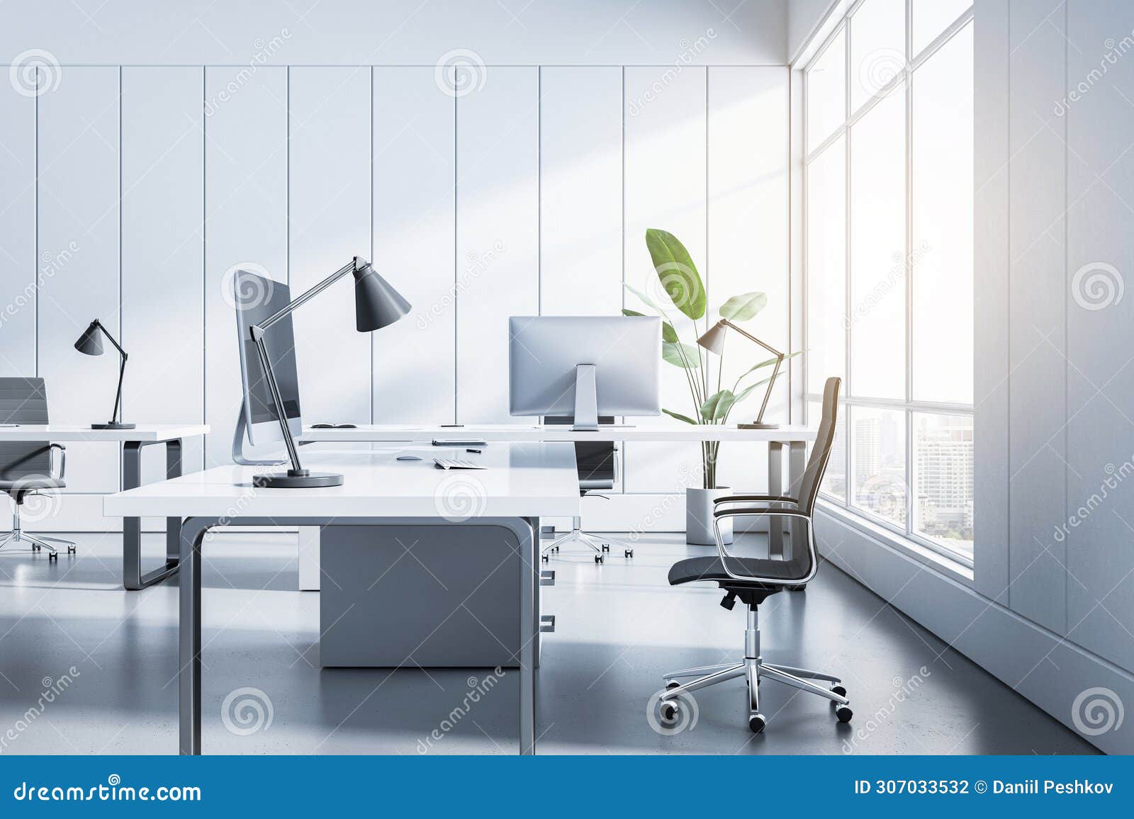 Sunny Office Interior with White Desks, Computers, and Panoramic City ...