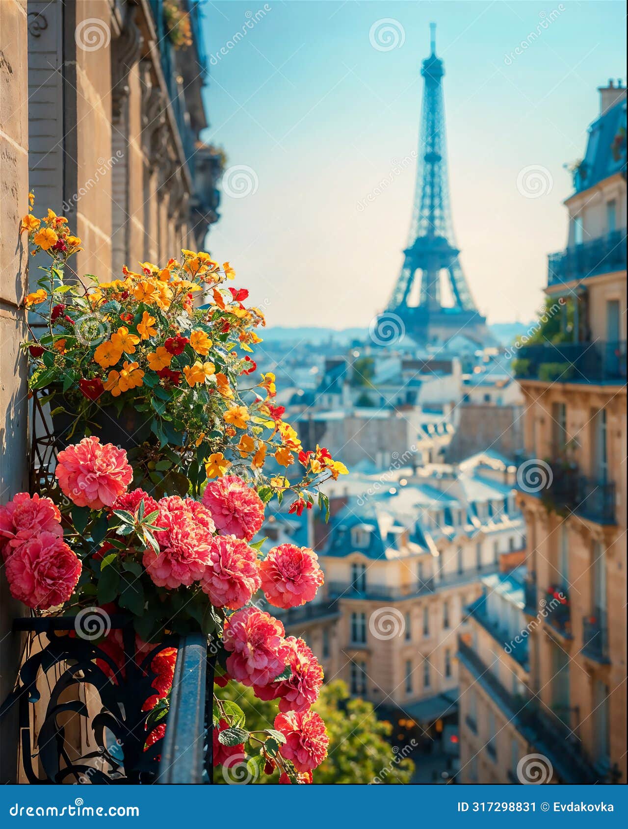 Sunny Parisian Balcony View with Eiffel Tower. Stock Image - Image of ...