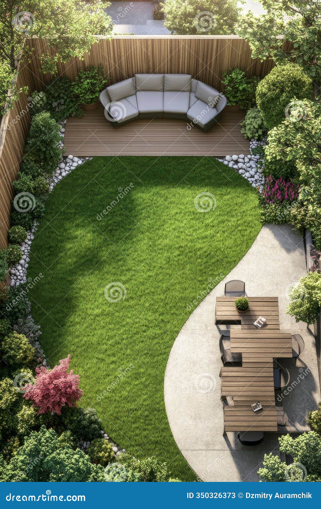 A Sunny Patio Area with Green Grass, Plants, and Seating. Stock Image ...