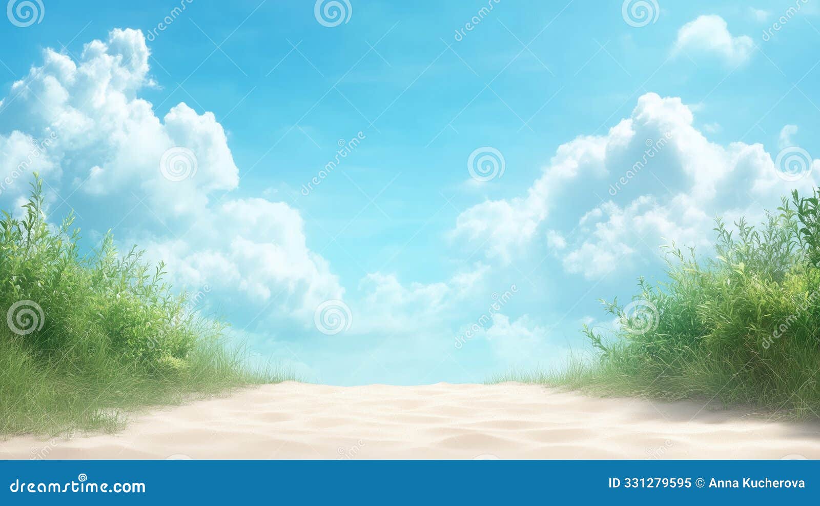 Sunny Sandy Path with Lush Green Bushes Under a Bright Blue Sky Stock ...