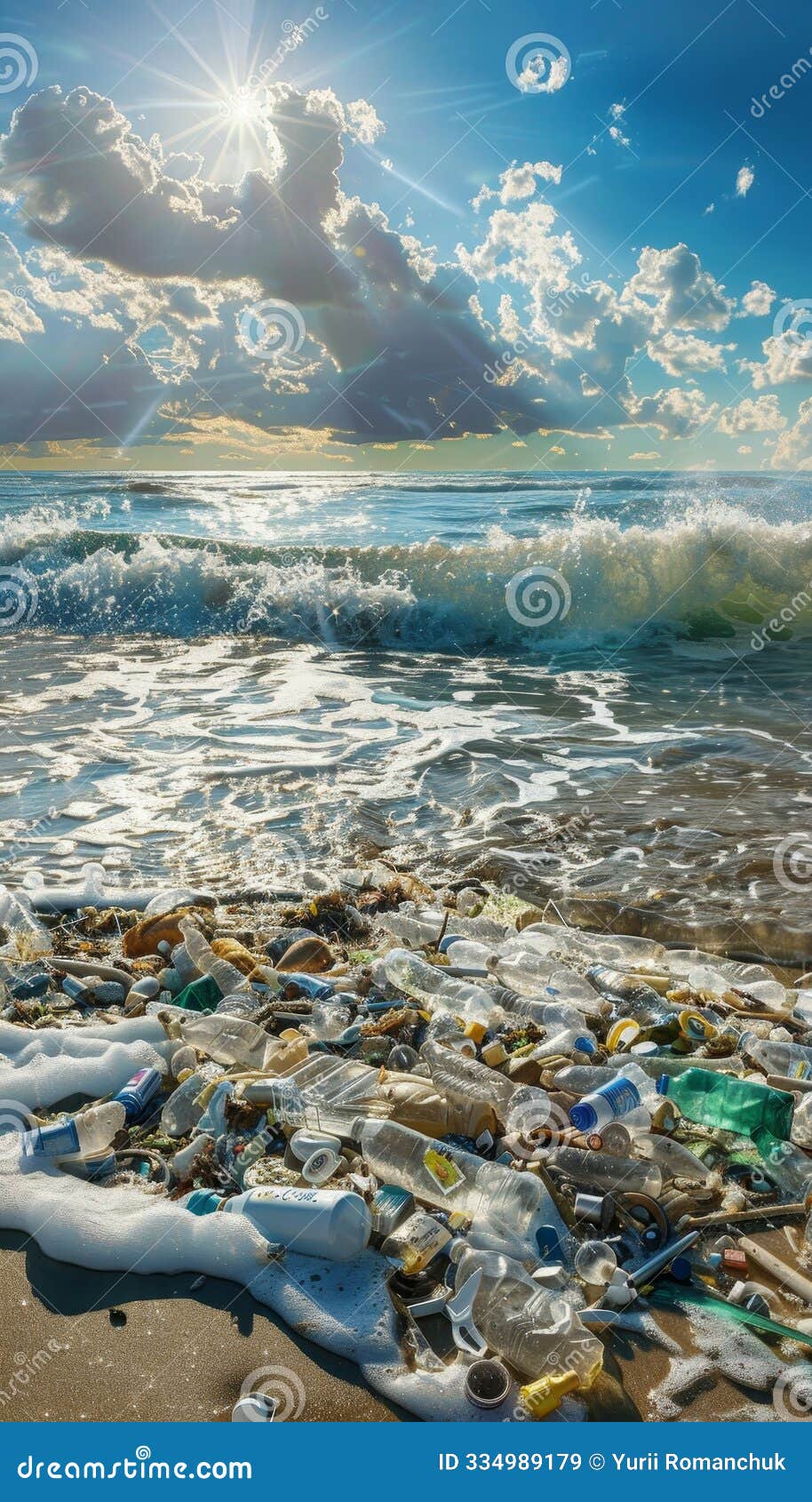 A Sunny Seaside Landscape Marred by Plastic Waste a Reminder of Beach ...