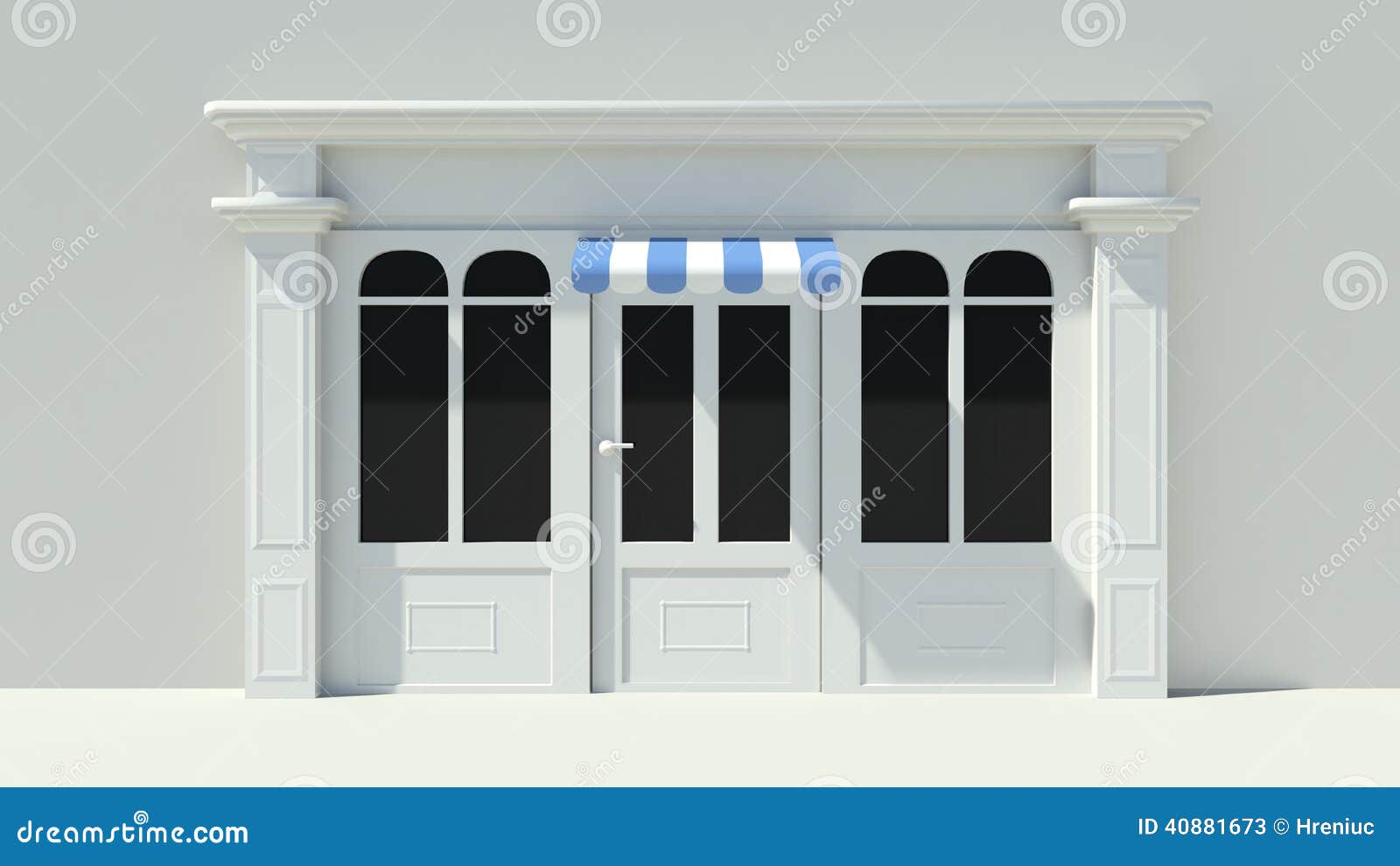 Sunny Shopfront with Large Windows White Store Facade with Blue and ...