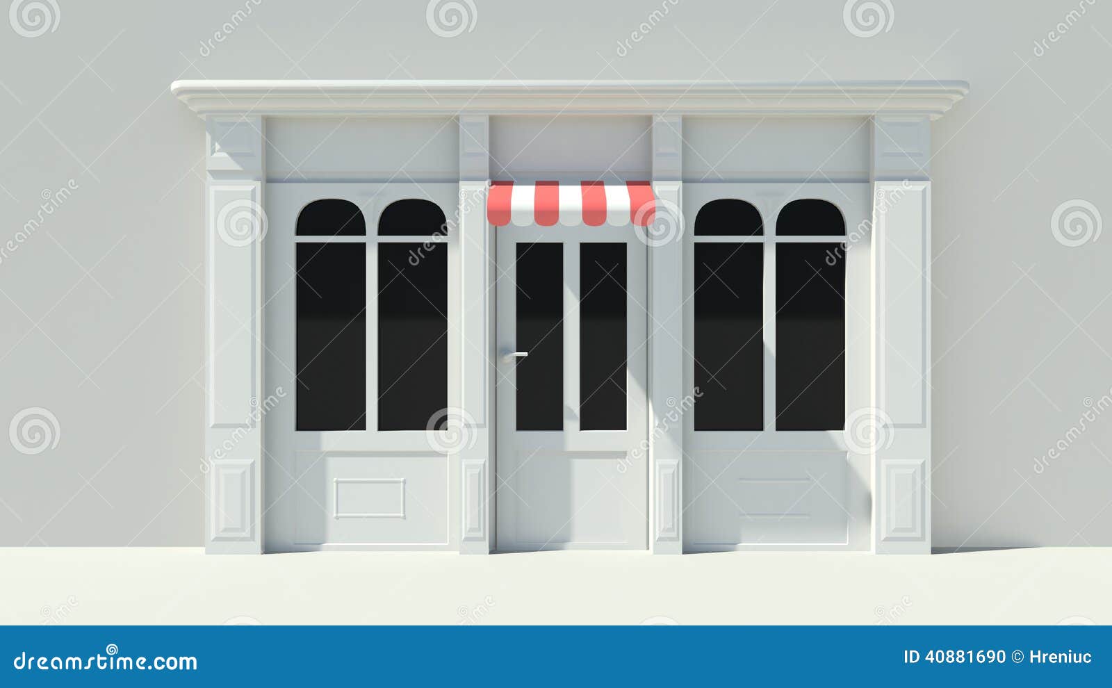 Sunny Shopfront with Large Windows White Store Facade with Red and ...