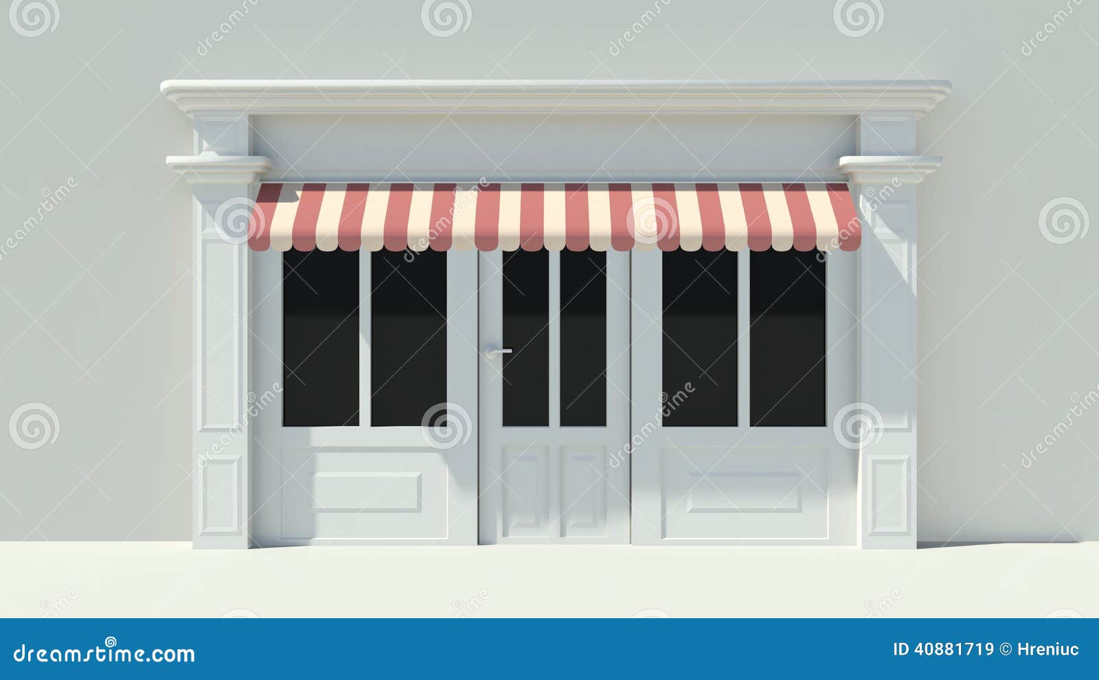 Sunny Shopfront with Large Windows White Store Facade with Red and ...